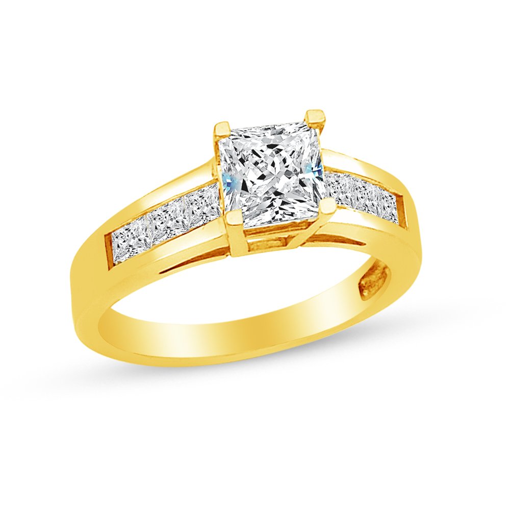 Size - 4.5 - Solid 14k Yellow Gold Princess Cut Wedding Engagement Ring with Side Stones, CZ Cubic Zirconia (1.75 ct.)