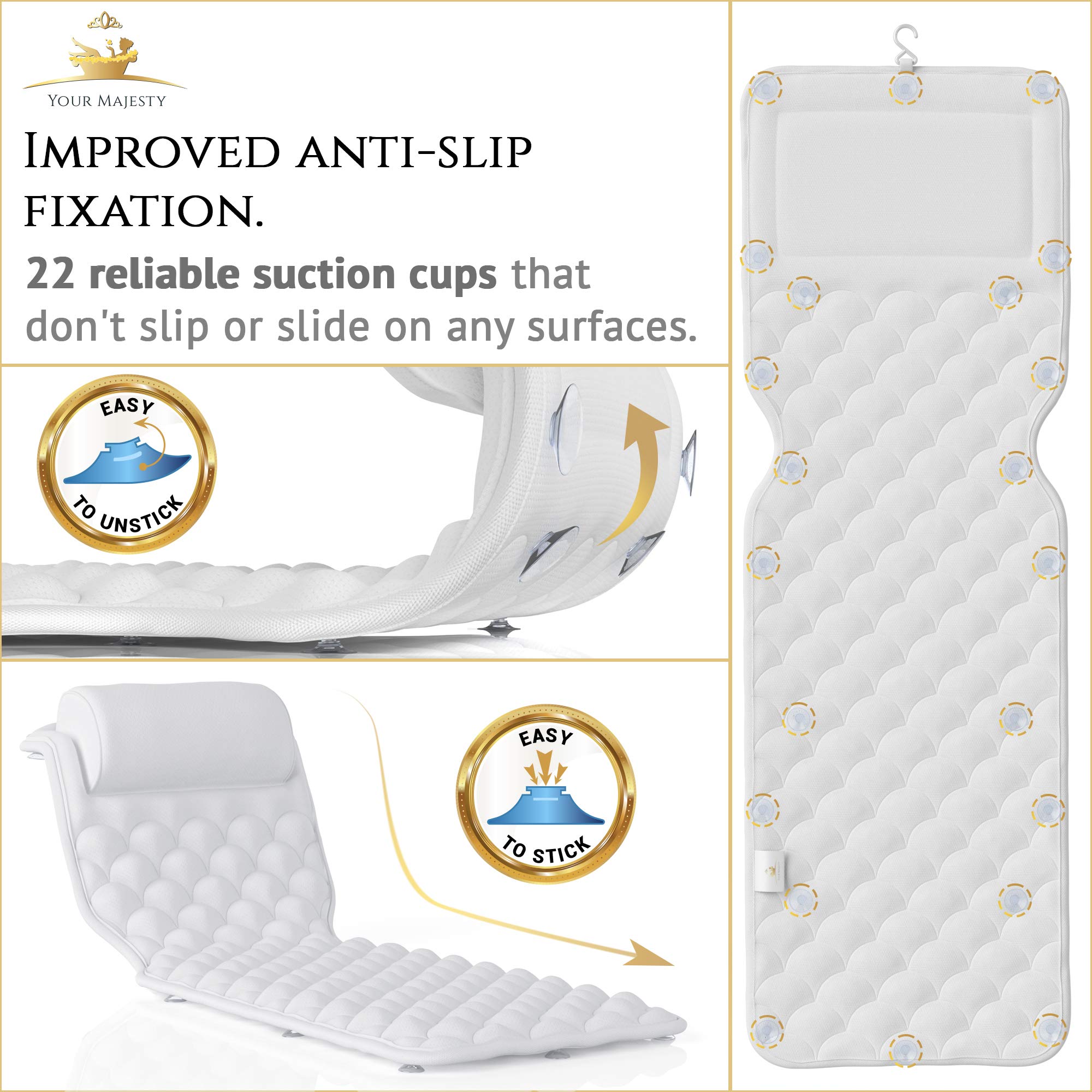 Premium Full Body Bath Pillow For Tub [22 Anti-Slip Suction Cups], Extra Soft Neck and Back Support to Relax and Unwind, QuickDry Fabric, Cooling Effect, Durable, Cushioned | With Machine Washable Bag