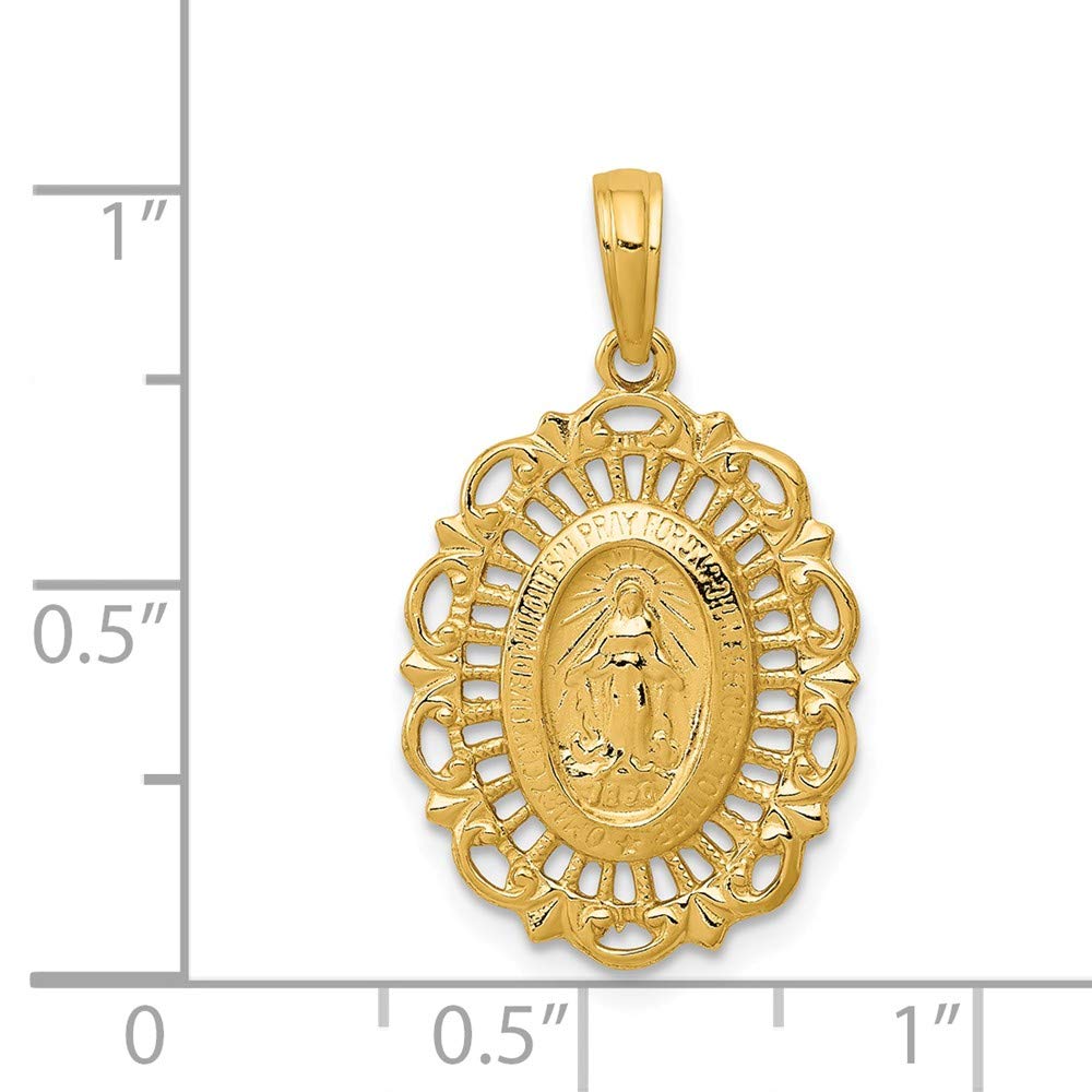 Solid 14k Yellow Gold Oval Virgin Mary Pray for Us Charm Miracle MedalPendant Charm - 26mm x 15mm