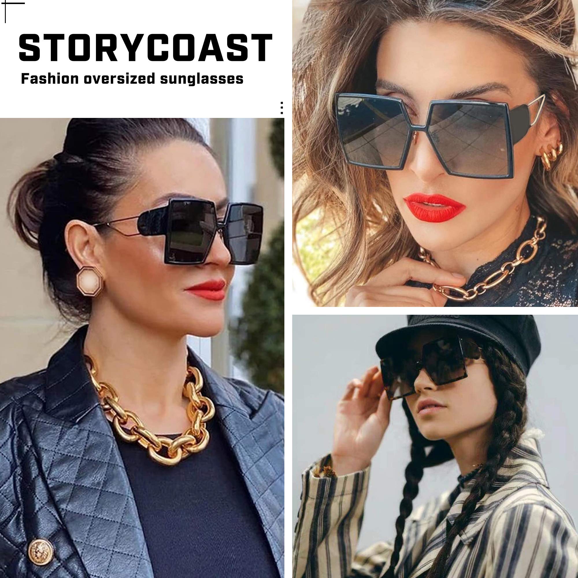 STORYCOAST Oversized Square Sunglasses for Women Fashion Large Shield Shades UV400 Protection (Black Frame-Gradient Gray Lens, 62)