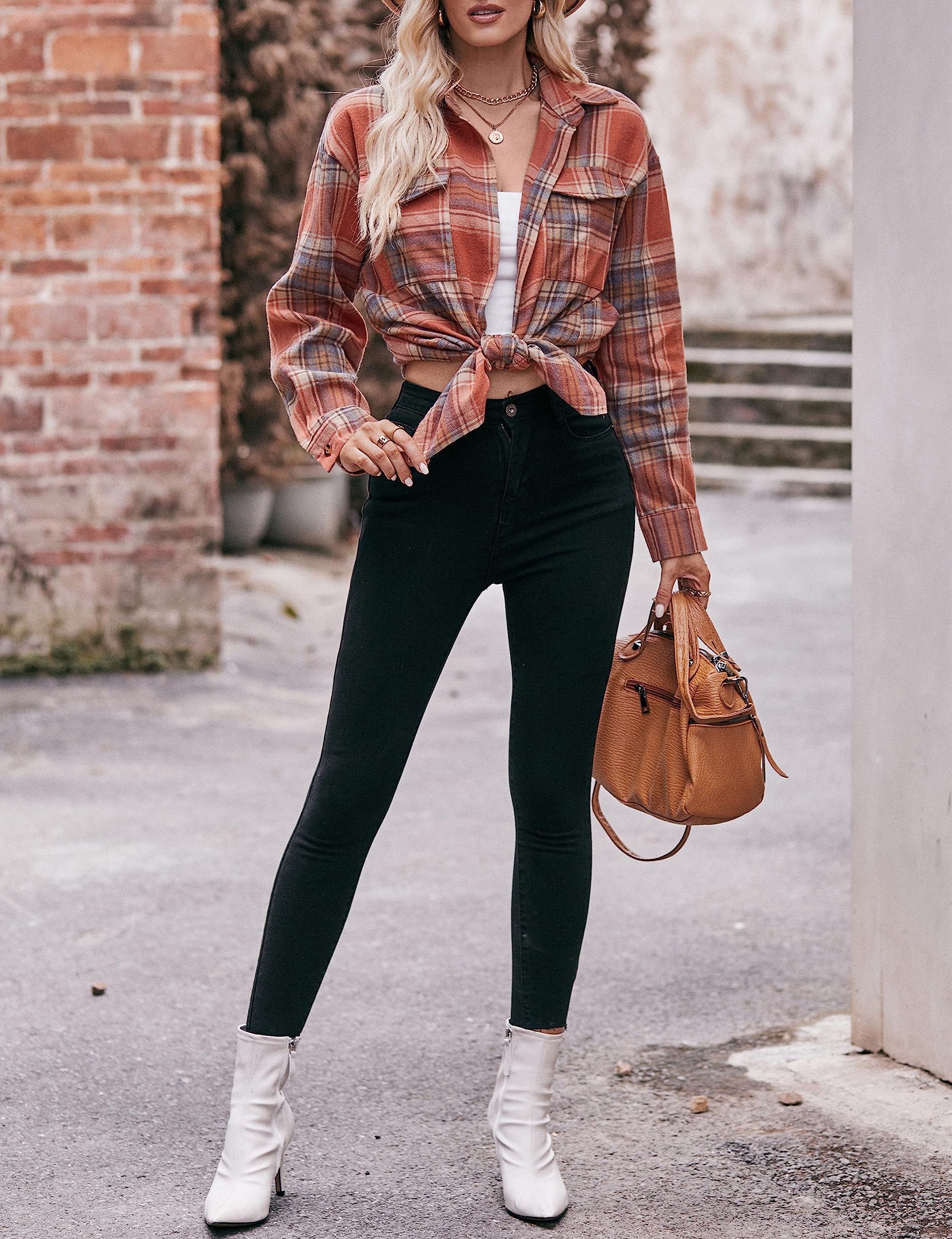 Oulivey Women Plaid Flannel Shirts Long Sleeve Oversized Button Down Boyfriend Blouse Tops (0066-Brown-XL)