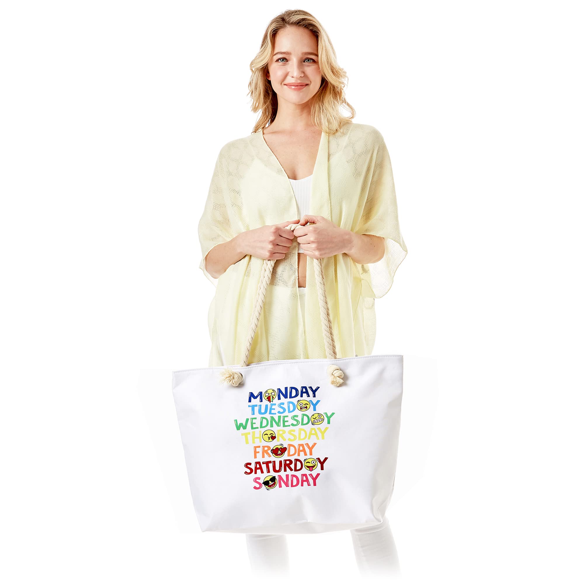 Women Fashion Large Beach tote bags, Top Zipper Closure Smiley Face Print Shoulder bag (Smile Multi - White)