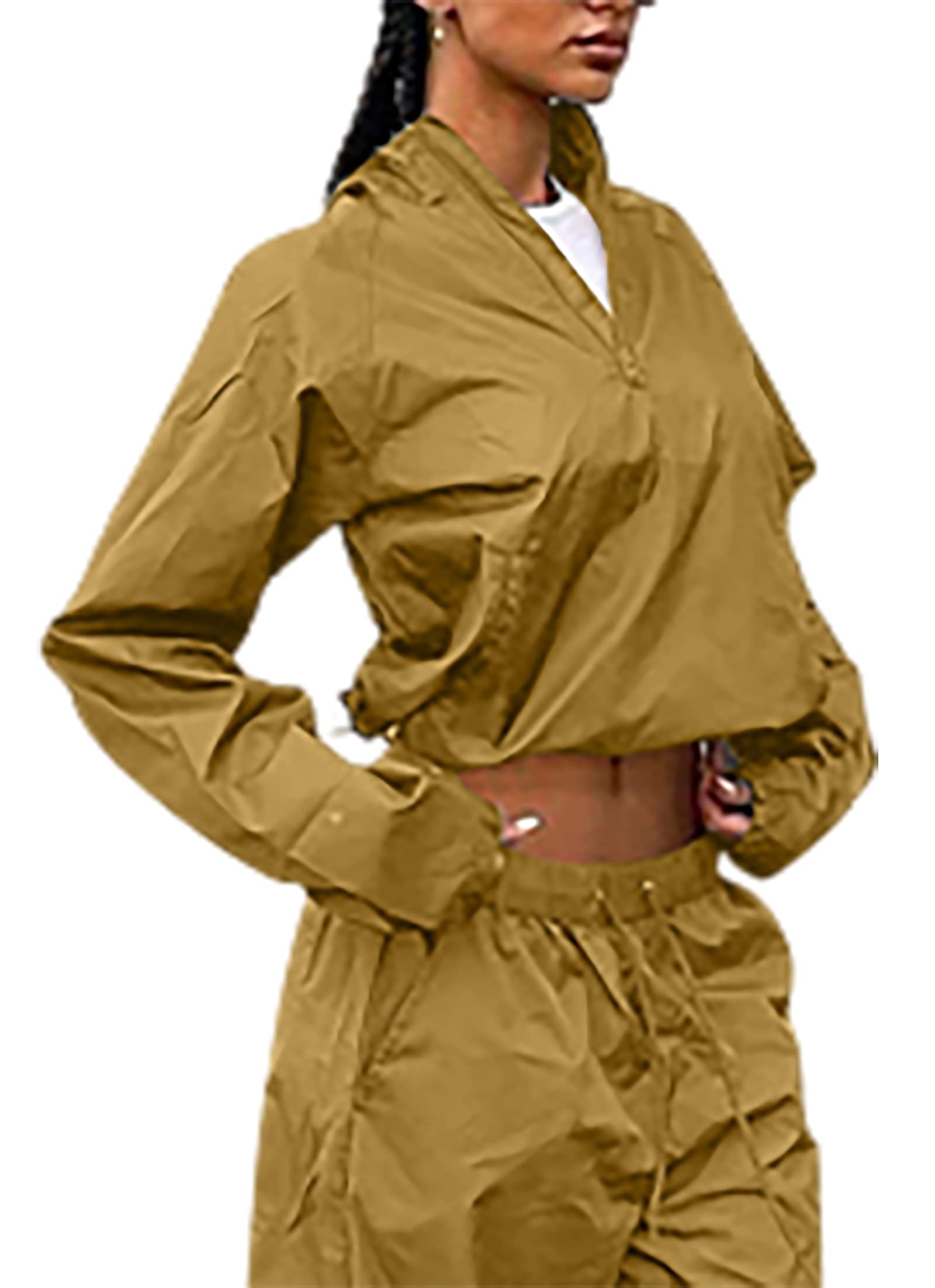 Women Quarter Zip Workout Jacket Long Sleeve Cropped Athletic Running Pullover Sweatshirt Casual Windbreaker KahkiL