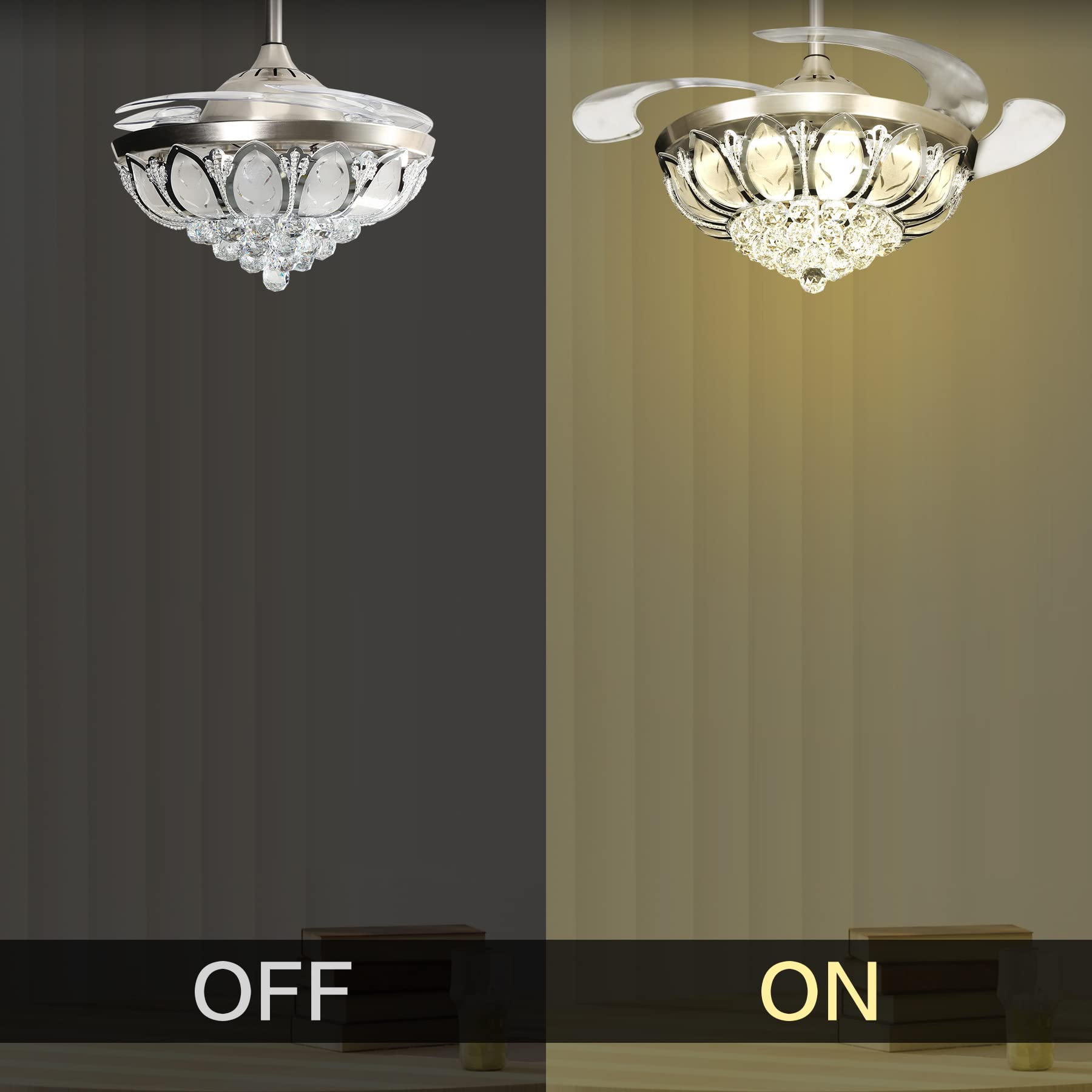 Ridgeyard 42" Crystal Ceiling Lamp Fan Light 3 Light Color LED Fan Chandelier Decorative Pendant Light with 4 Invisible Retractable Blades and Remote Control（Silver