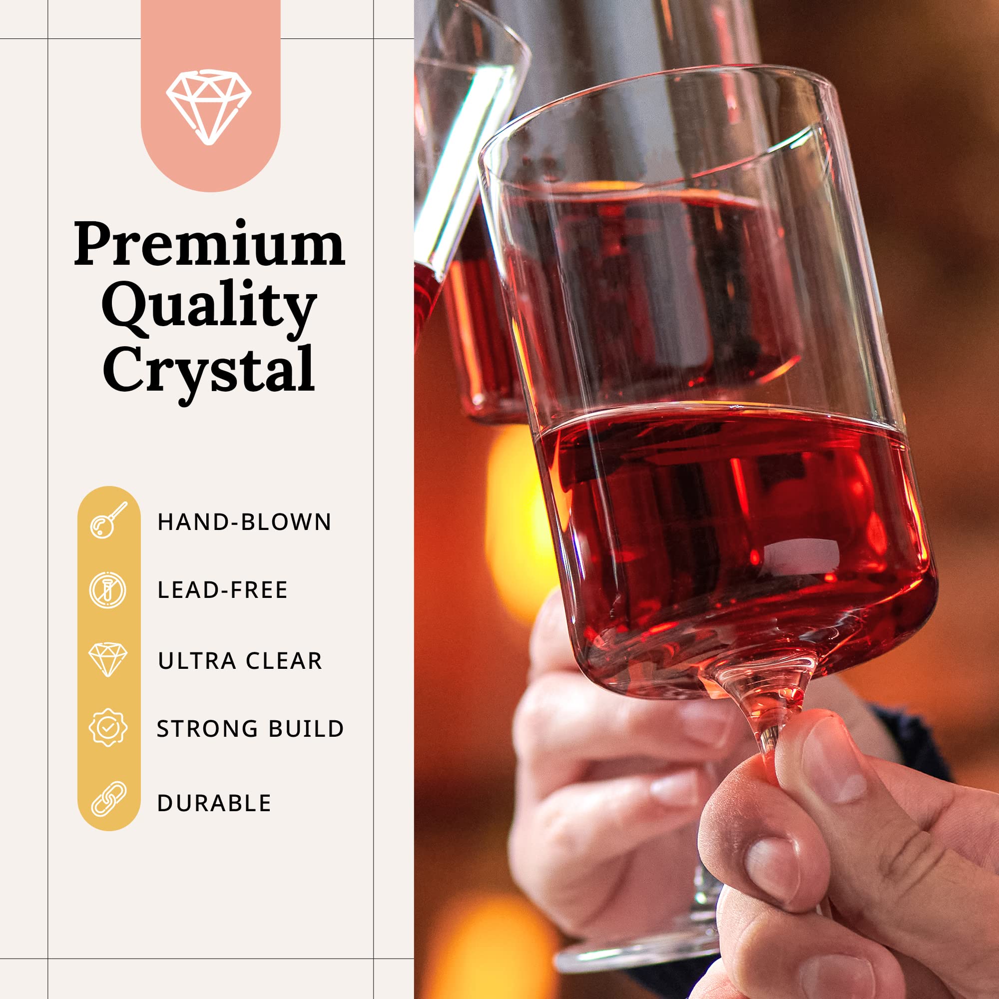 Square Wine Glasses Set of 4 β 14oz Crystal Wine Glasses β Elegant & Modern Long Stem Wine Glasses for White & Red Wine β Hand-Blown Lead-Free Large Wine Glass