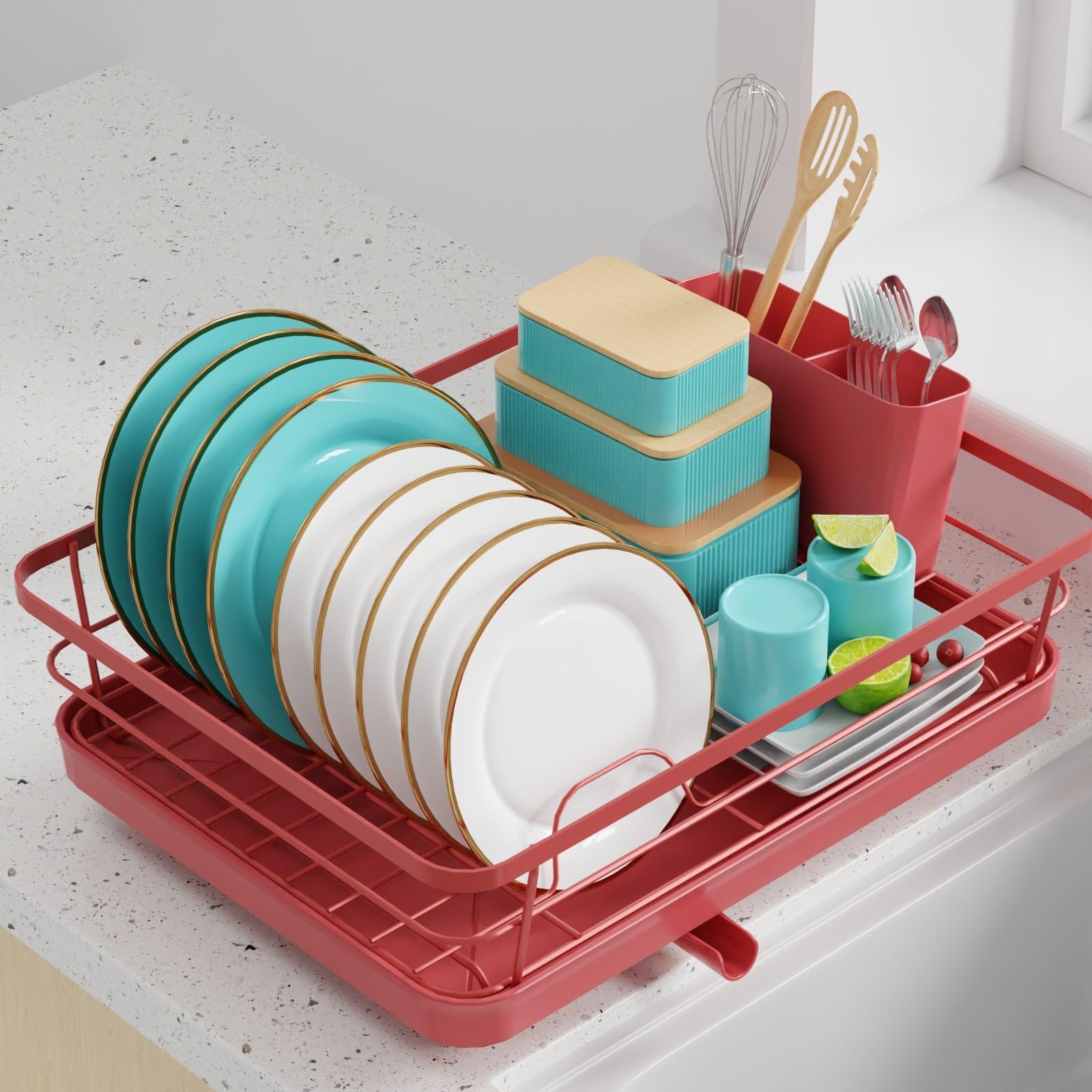 Sakugi Dish Drying Rack - Compact Dish Rack for Kitchen Counter with a Cutlery Holder, Durable Stainless Steel Kitchen Dish Rack for Various Tableware, Dish Drying Rack with Easy Installation, Red