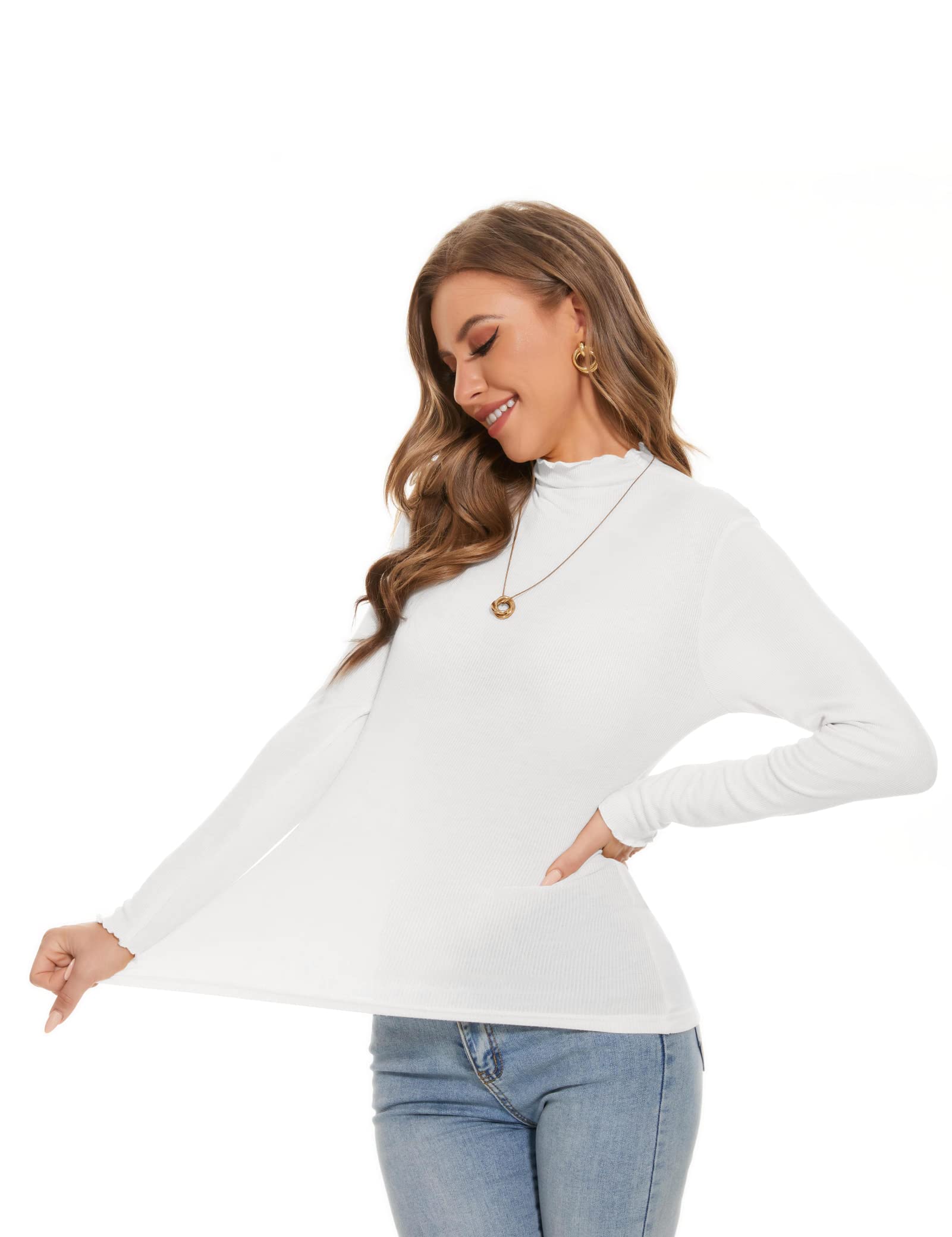 Turtleneck Women Long Sleeve Mock Necks Tops Ruffles Soft Thermal Underwear Spring Fashion 2023, White Large