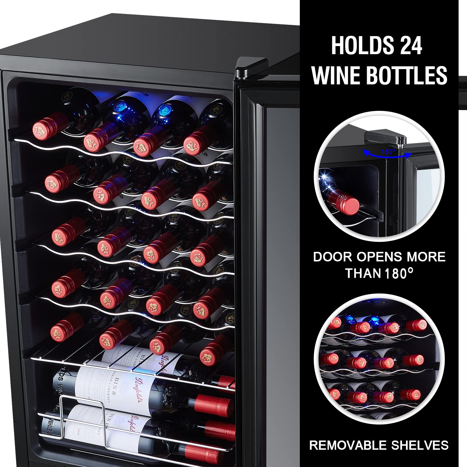 Phiestina Wine Cooler Beverage Refrigerator Freestanding Wine Refrigerator,24 Bottles or 20 Bottles 14 cans Beer Fridge,Removable Shelves Interior Lighting Digital Touch Control for Home/Bar/Office