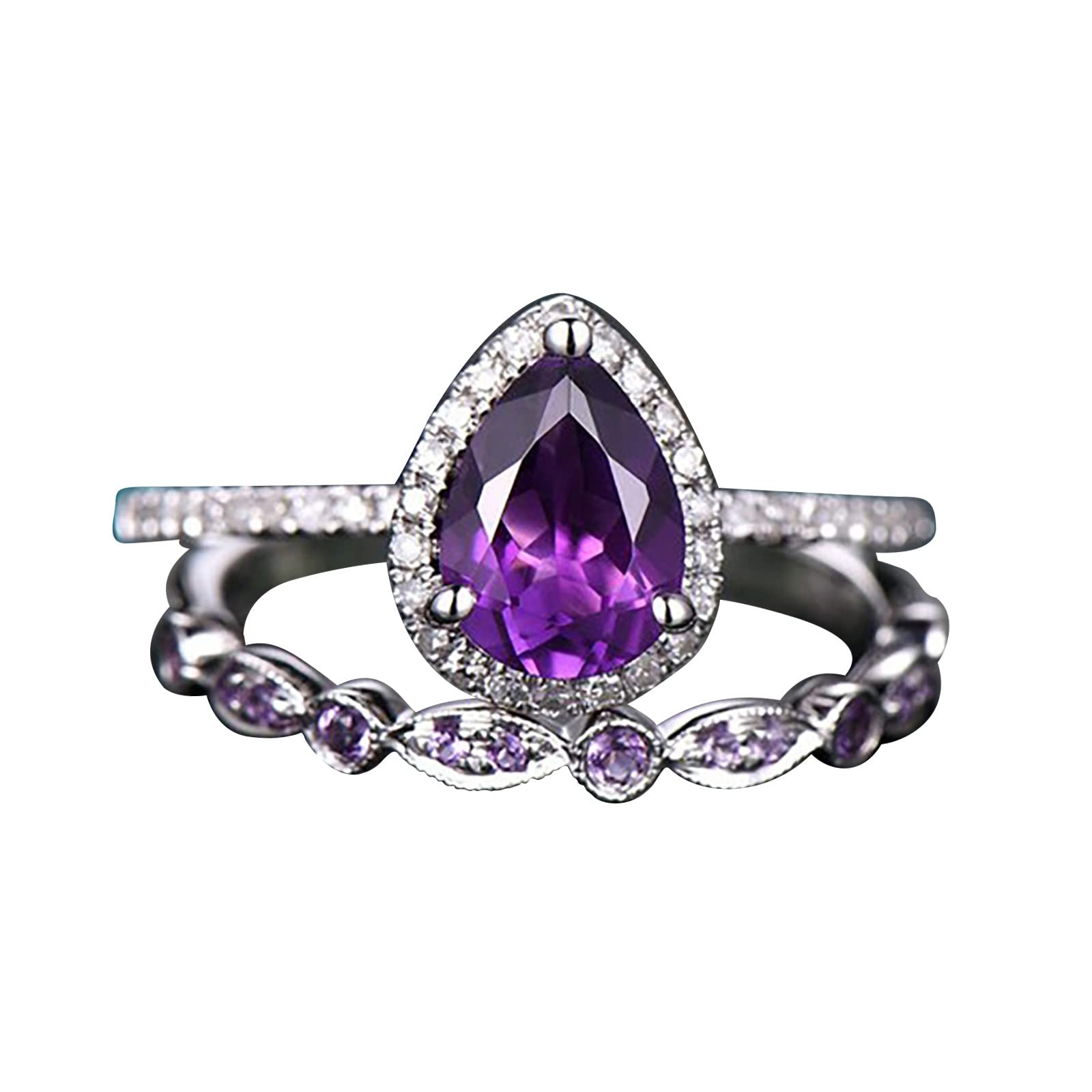 Women Shining Amethyst Ring 2 PCs Tear Drop Shape Cubic Zirconia Promise Rings Set Engagement Wedding Band Ring Sets