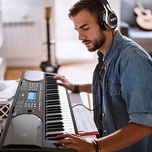 RIF6 Electric 61 Key Piano Keyboard - with Over Ear Headphones, Music Stand, Digital LCD Display, Teaching Modes and Adjustable Stool - Electronic Musical Instruments Starter Set for Kids and Adults