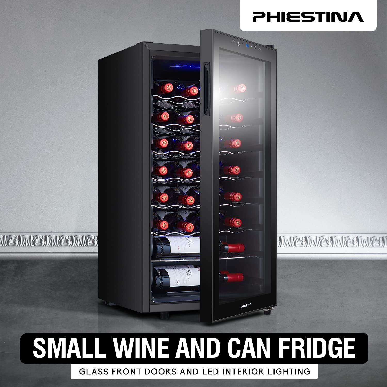 Phiestina Wine and Beverage Refrigerator Wine Cooler Freestanding 28 Bottles or 24 Bottles 15 cans Wine Fridge with LED light Digital Touch Control 7 Removable Shelves for Home/Bar/Office