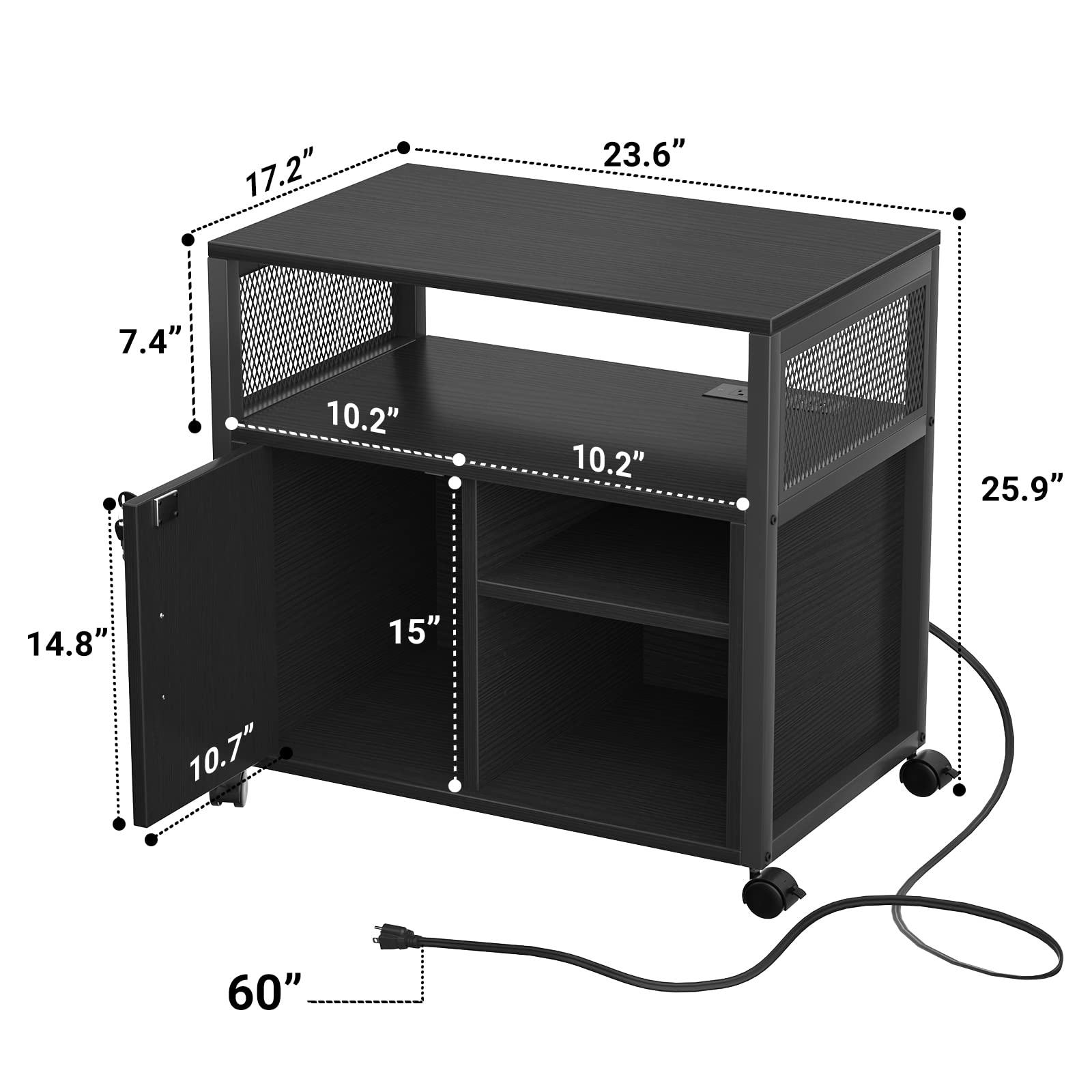 Unikito File Cabinet with LED Lights, Lateral Filing Cabinet with Power Outlets and USB Charging Ports, Mobile Printer Stand with Storage, Office Cabinet for Letter, A4, Legal and File Folders, Black