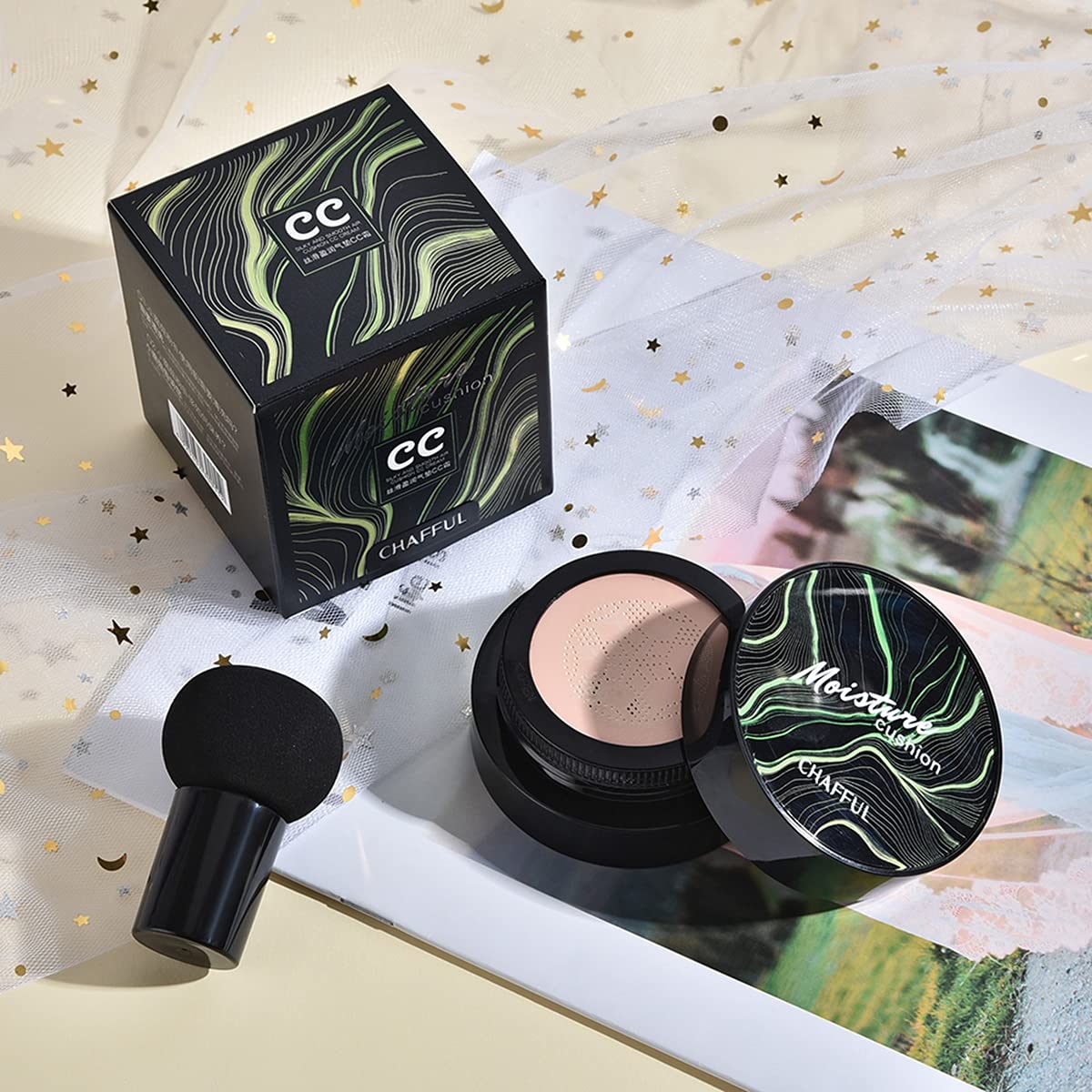 SIGHTLING 2PCS Air Cushion CC Cream Mushroom Head Foundation, Moisturizing CC Cream Makeup Long Lasting Matte Concealer with Foundation Brushes & Makeup Sponge Blender Set