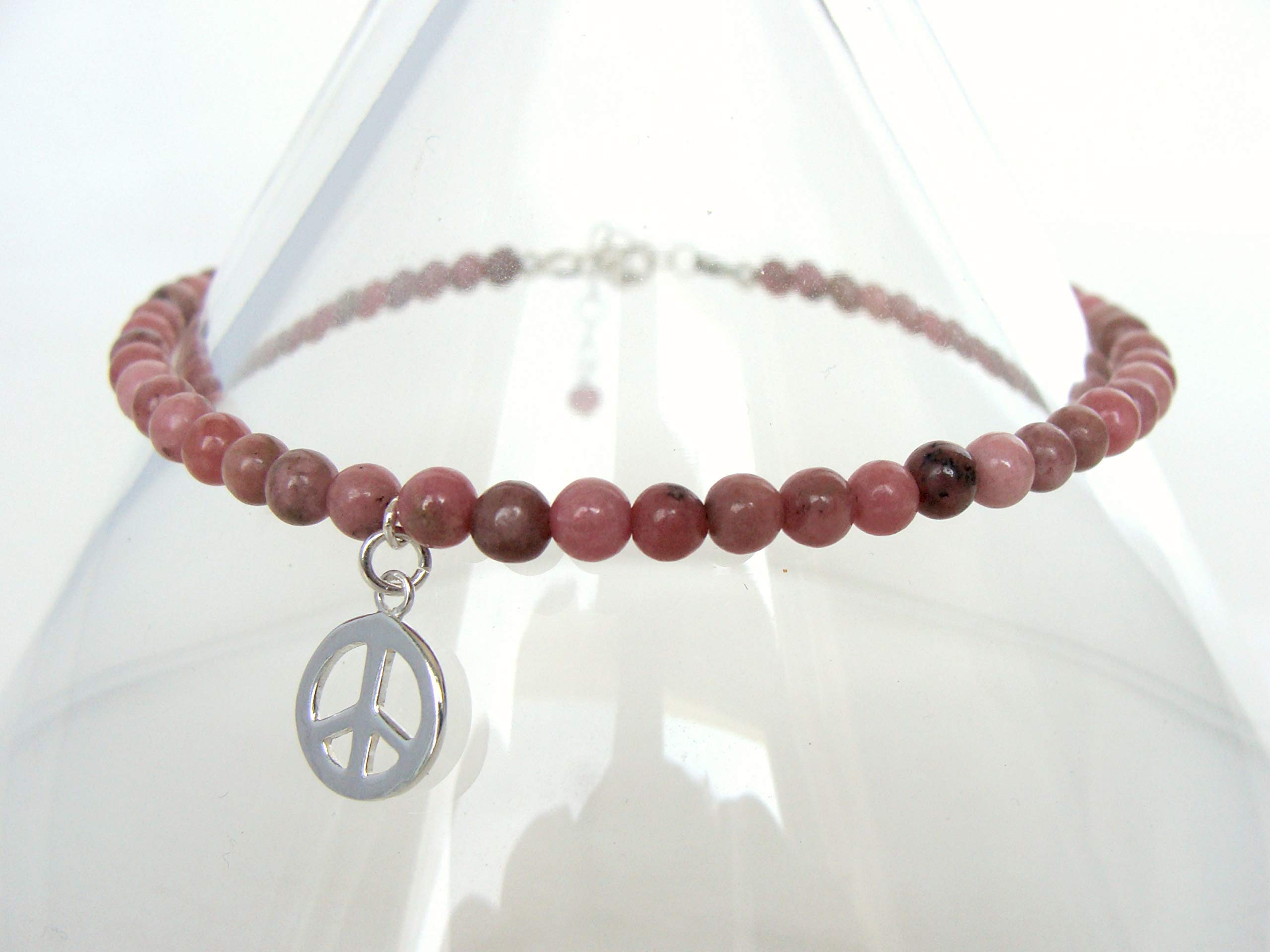 Peace charm anklet, dusty pink rhodonite stones sterling silver, adjustable length 9-10 inches, handmade by Let Loose Jewelry