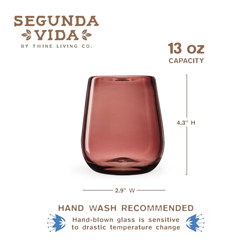 Segunda Vida Rosado Stemless Wine Glasses Set - Hand Blown Colorful Wine Glasses- Purple 100% Recycled Glassware Made in Mexico 13oz Set of 2