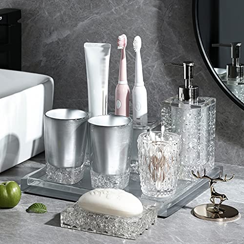 Soap Dispenser Resin Accessories Set - 6 Piece Soap Dish Soap Dispenser Toothbrush Holder Mouthwash Cup and Tray Accessory (Red) Soap Dispenser (Color : Silver) (Red B)