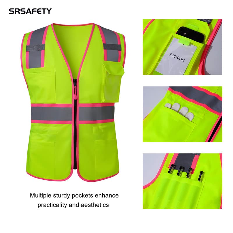 SRsafety Safety Hi-Vis Vest For Women, High Visibility Reflective Breathable Vest For Lady, Durable Zipper & Multi Pockets green S