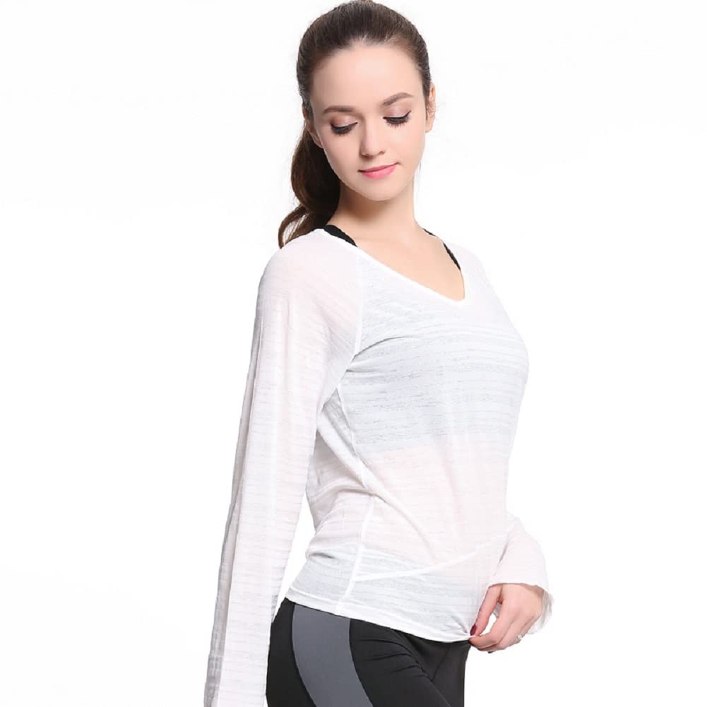 Women Long Sleeve Workout Shirts Loose V-Neck Yoga Tops Quick Dry Breathable Shirts for Women Side Split Design White
