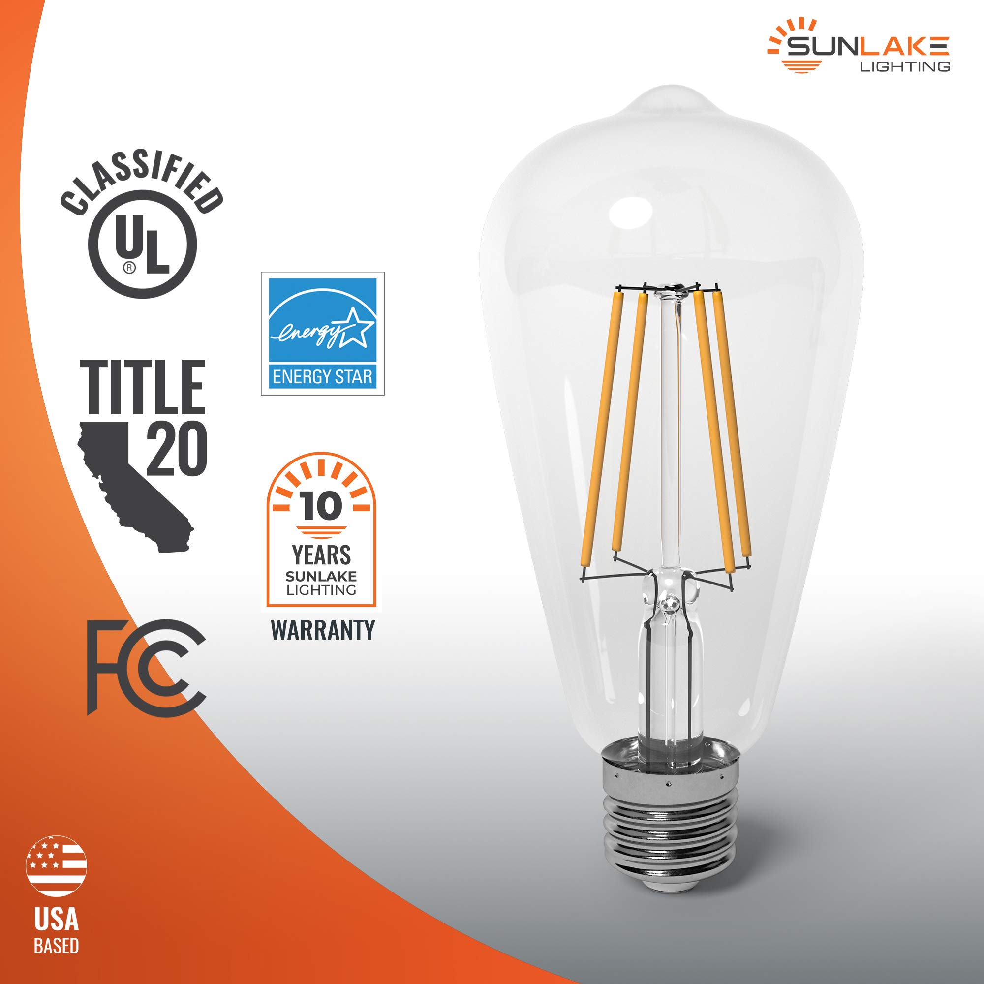 SUNLAKE LIGHTING 10 Pack ST19 (ST64) LED Bulb, Vintage Edison Filament ST64 Style Bulb, Dimmable, Wet Rated Waterproof, 5W=60W, 2700K Soft White, 500 LM, E26 Base, Restaurant or Outdoor String Lights