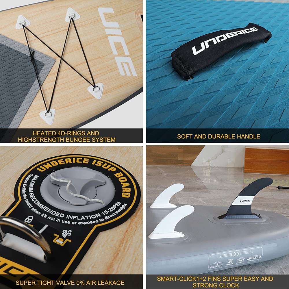 underice Inflatable Stand Up Paddle Board Grey Wood SUP 11' with Oversize Thick Backpack, 9" Smart-Clock Fins, 3-Piece Paddle, 10' Strong Safety Leash, Faster Inflate Deflate Pump