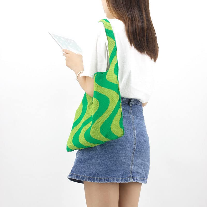Woven Tote Bag, Knitted Messenger Bag Wavy Striped Shoulder Bag Underarm Colorblocking Women'S Bag (orange green)