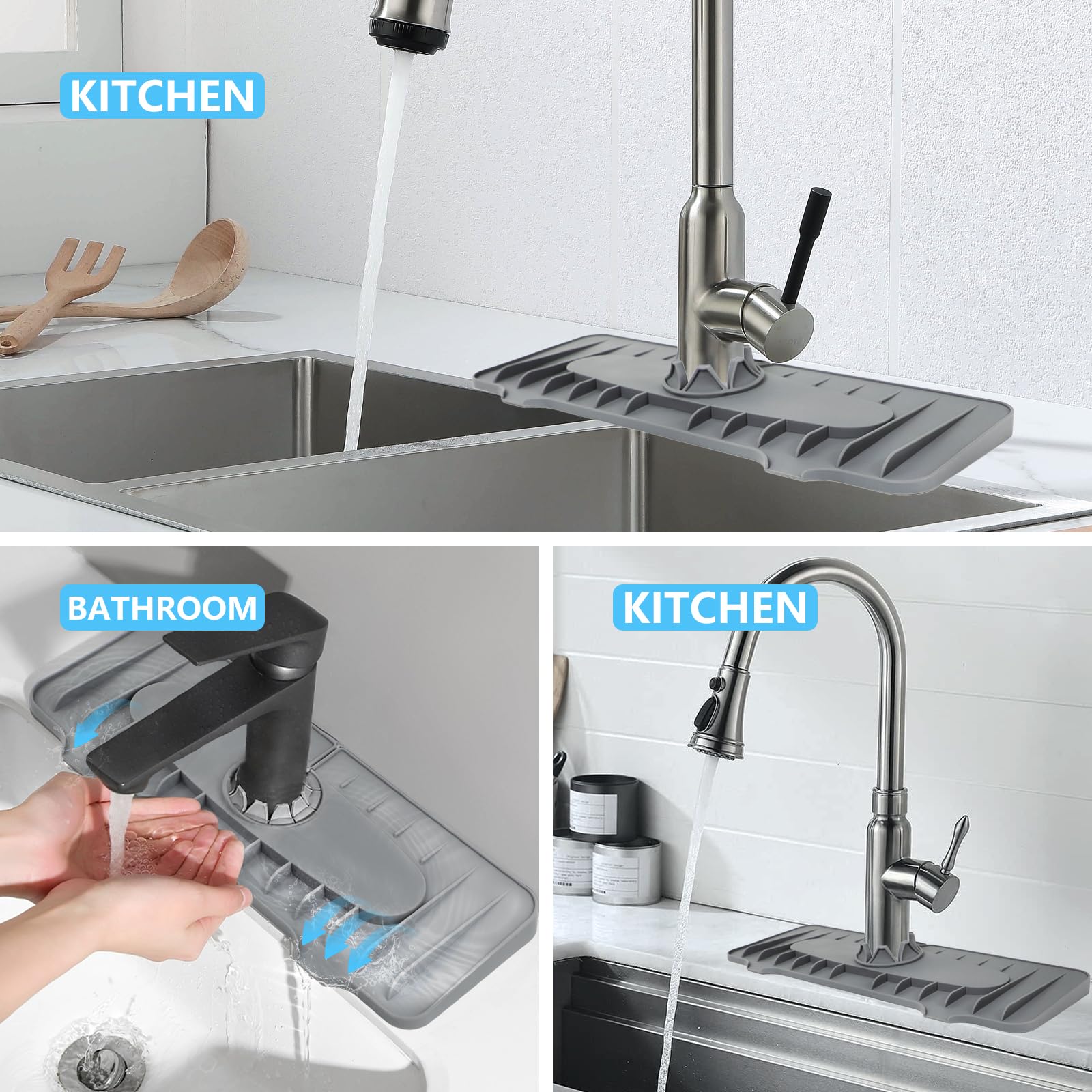 Silicone Faucet Splash Guard, 14.25 Inch Faucet Water Catcher Mat, Two water outlets Silicone Sink Mat, Faucet Handle Drip Catcher Tray Mat for Kitchen Countertop and Bathroom Sink Protectors (Grey)