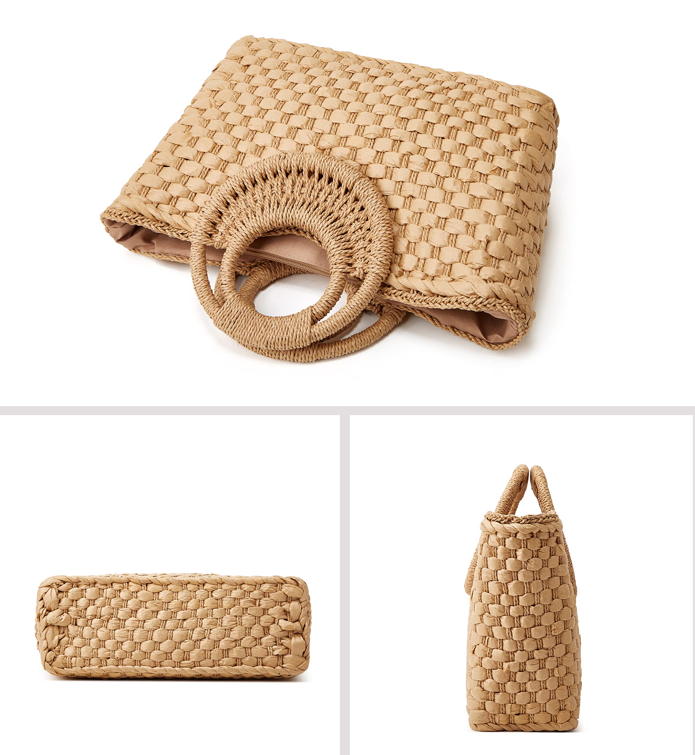 Women Straw Handbag, Large Capacity Woven Handmade Round Handle Hobo Bag, Casual Retro Vacation Beach Bag