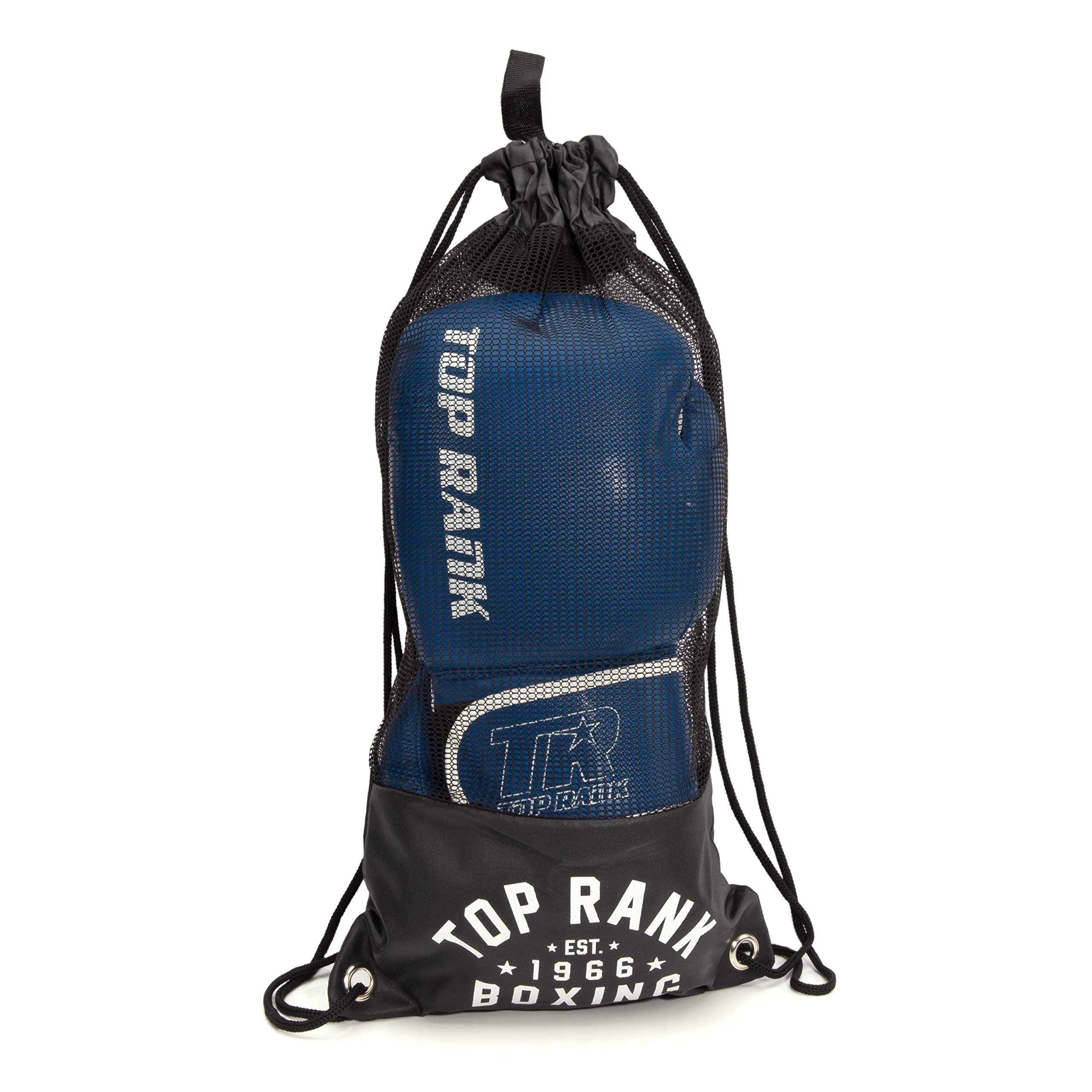 TOP RANK 12 oz. Contender Series Training Boxing Gloves, Molded Padding, Durable Synthetic Leather Shell, Mesh Palm, Hook and Loop Secured Pull Tab Closure, Blue with White Trim, Mesh Glove Bag