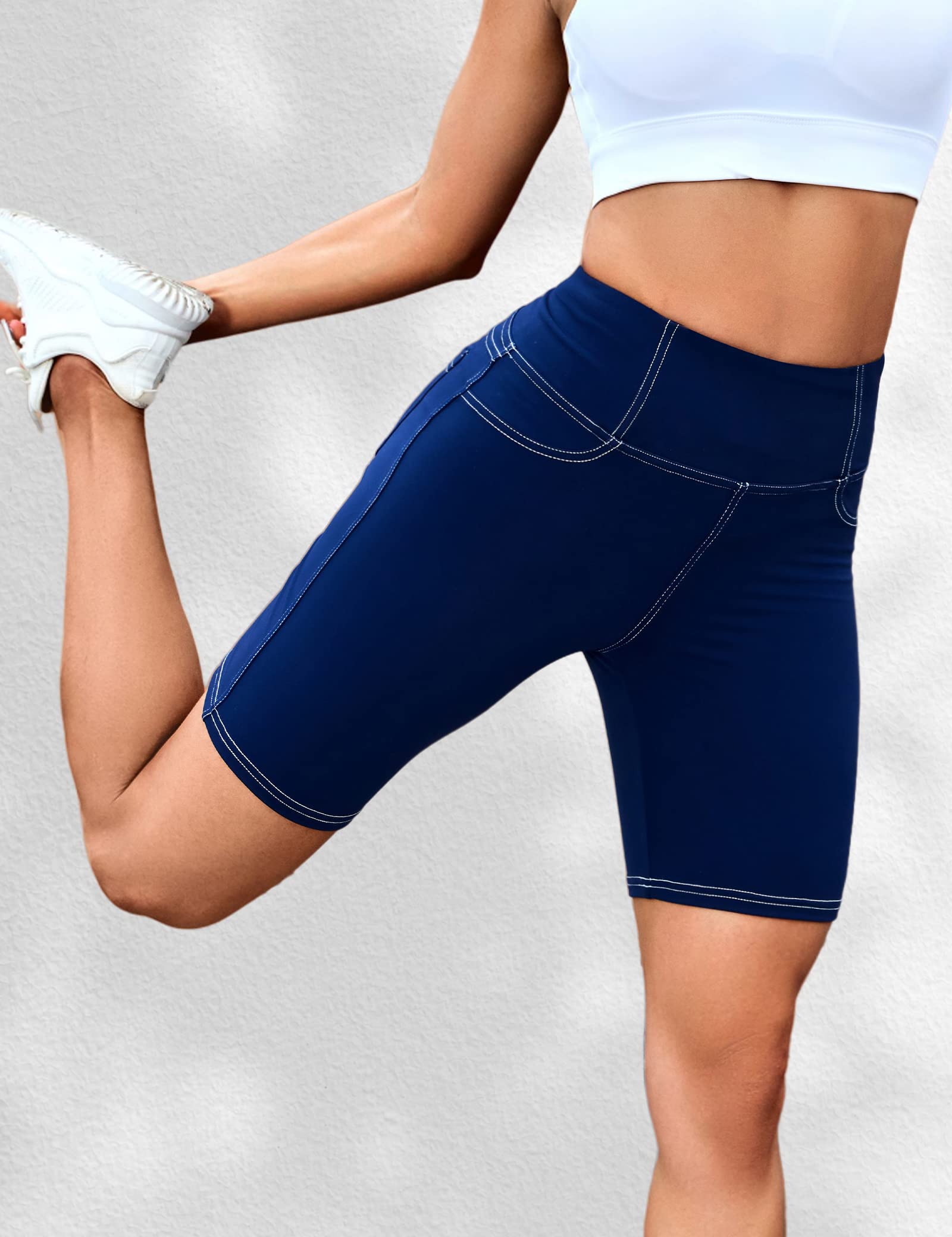 VOOVEEYA 5"/8" High Waisted Yoga Biker Shorts with Pockets for Women - Butt Lifting Workout Spandex Booty Gym Shorts(Denim Blue S)