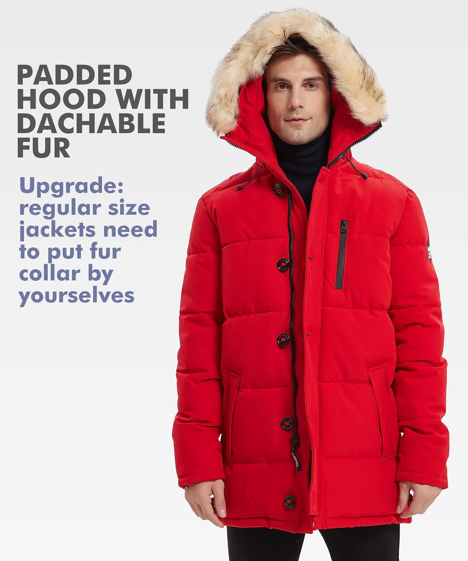 PUREMSX Winter Coats for Men, Padded Insulated Quilted Outwear Long Puffer Warm Skiing Hiking Snow Coats,Red,X-Large