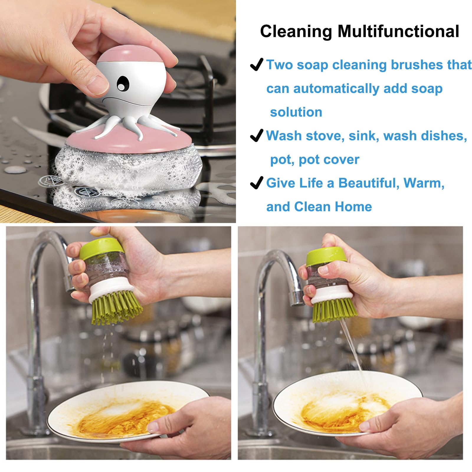 Soap Dispensing Brush(2 Pieces), Press to Automatically Add Liquid, Soap Dispensing Palm Brush Kitchen Brush with Holder for Pan Sink/Kitchen/Stove Sleaning—Pink Green