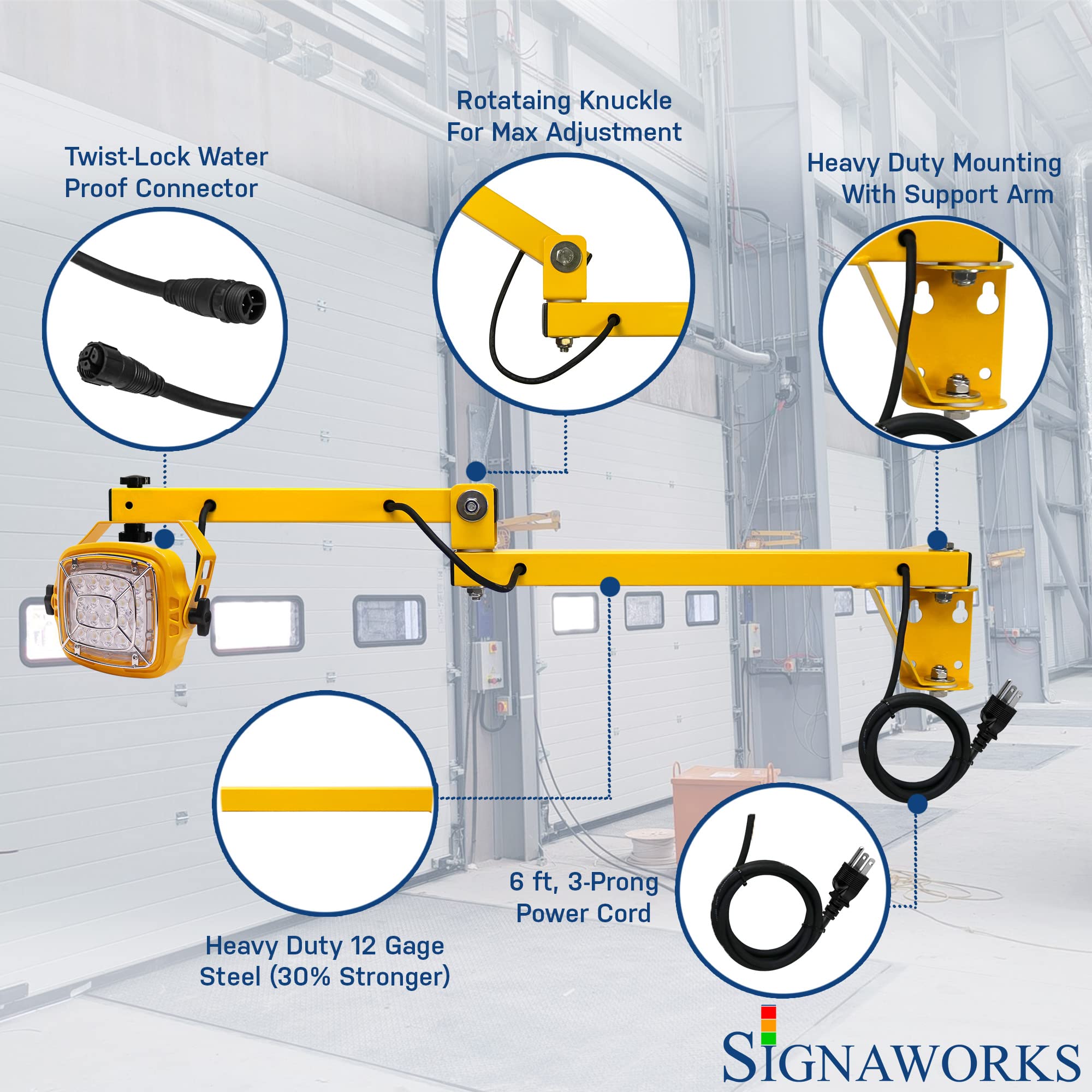 Signaworks LED Dock Bay Swivel Arm Light (50W, 5500LM), Brighten Trailers & Shipping Trailers, Industrial Aluminum Housing, 5ft Power Cord