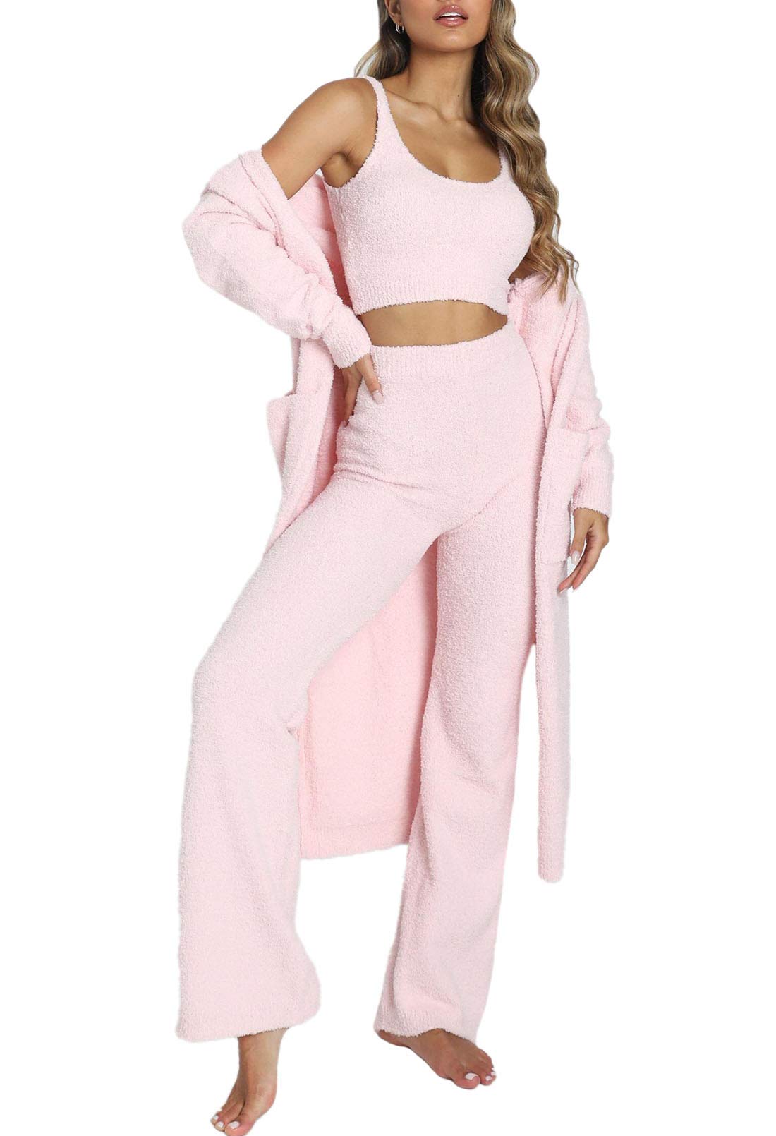 VamJump Womens 3 Piece Pajama Set Scoop Neck Vest Tops High Waist Pants Open Front Cardigan Set,Pink,S