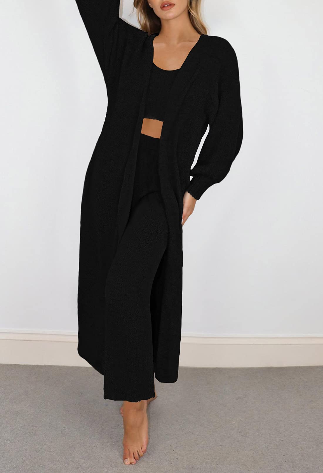VamJump Womens 3 Piece Outfits Fuzzy Fleece Open Front Cardigan Crop Top Wide Leg Pants,Black,L