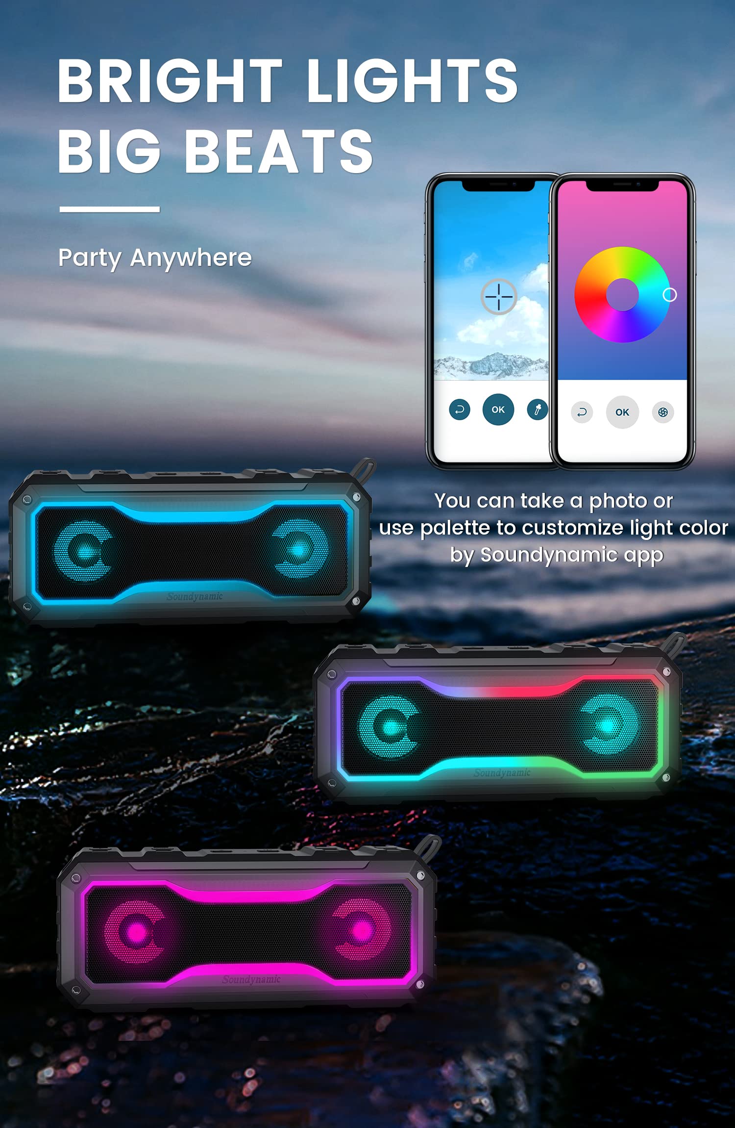 soundynamic Portable Bluetooth Speaker, Twinkle Wireless Speaker with 20H Playtime, Low Bass, IPX7 Waterproof, True Wireless Stereo Pairing, Mixed Colors Lights for Home, Party, Beach, Travel - Black