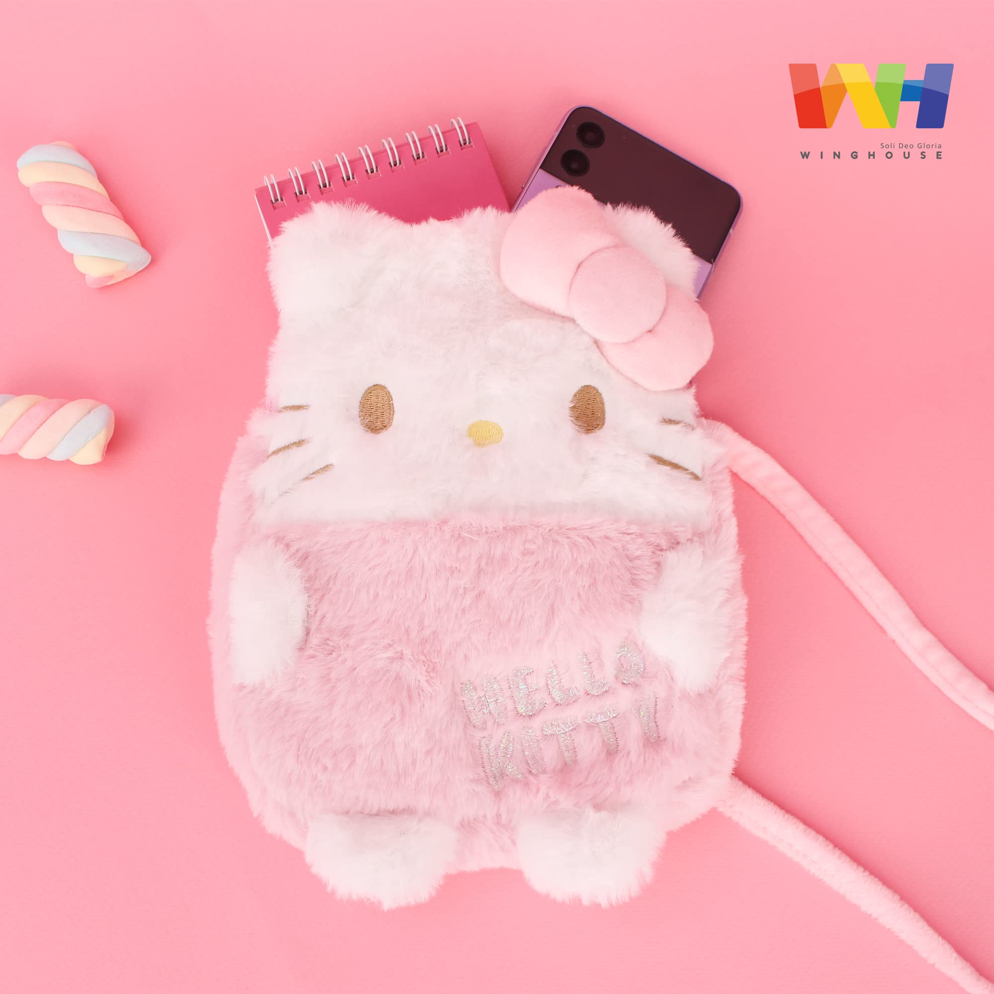 WINGHOUSE X Hello Kitty 3D Plush Small Fur Crossbody Phone Purse for Kids Little Girls, Mini Messenger Shoulder Bag