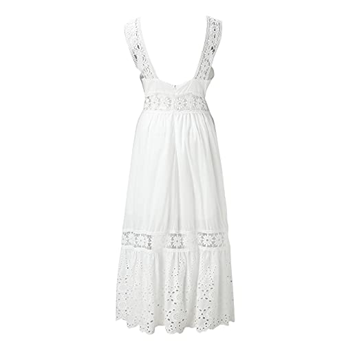 Women Patchwork Lace Hollow Out Tank Dress Sleeveless Ruched Backless High Waisted Ruffle Dress White