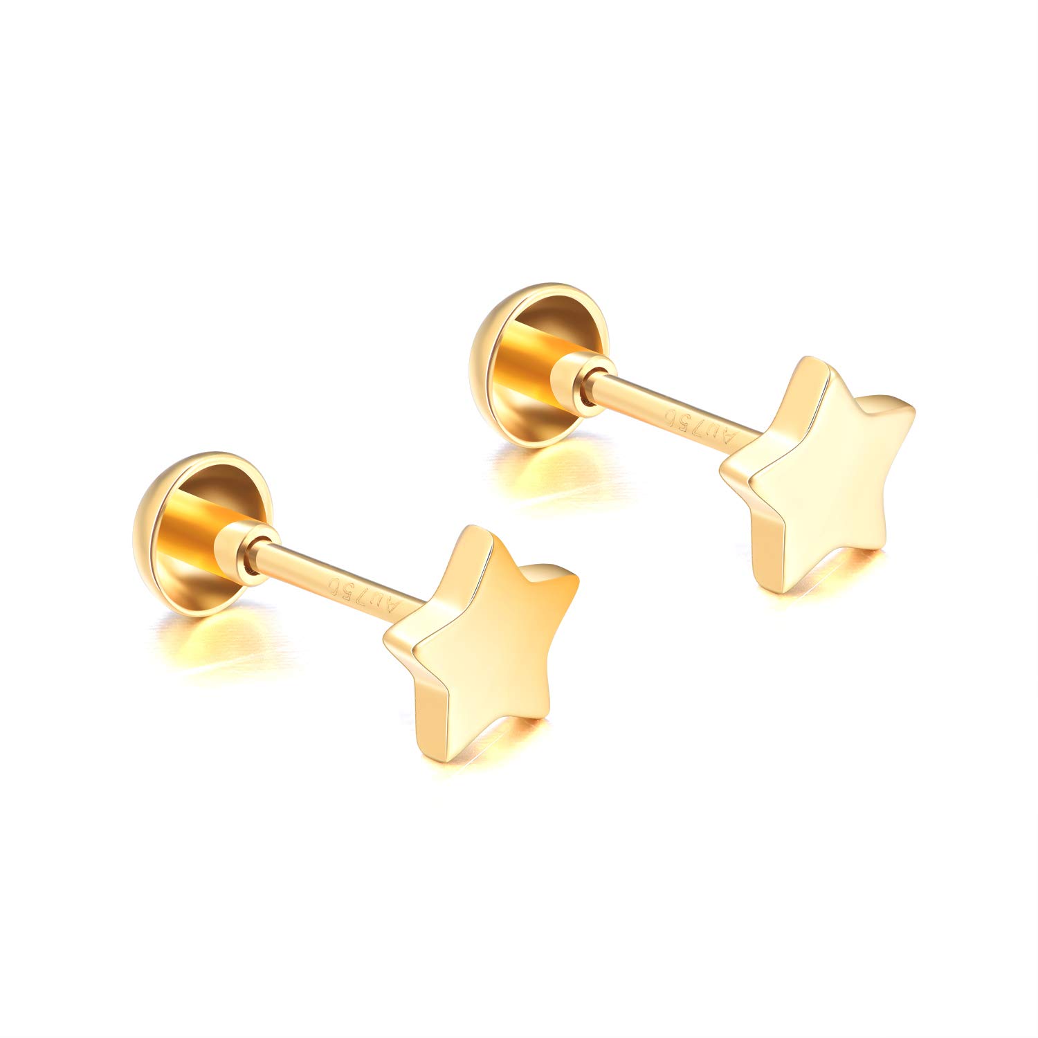 Solid 18k Yellow Gold Star Earrings Screw Back, Real Gold Studs for Women