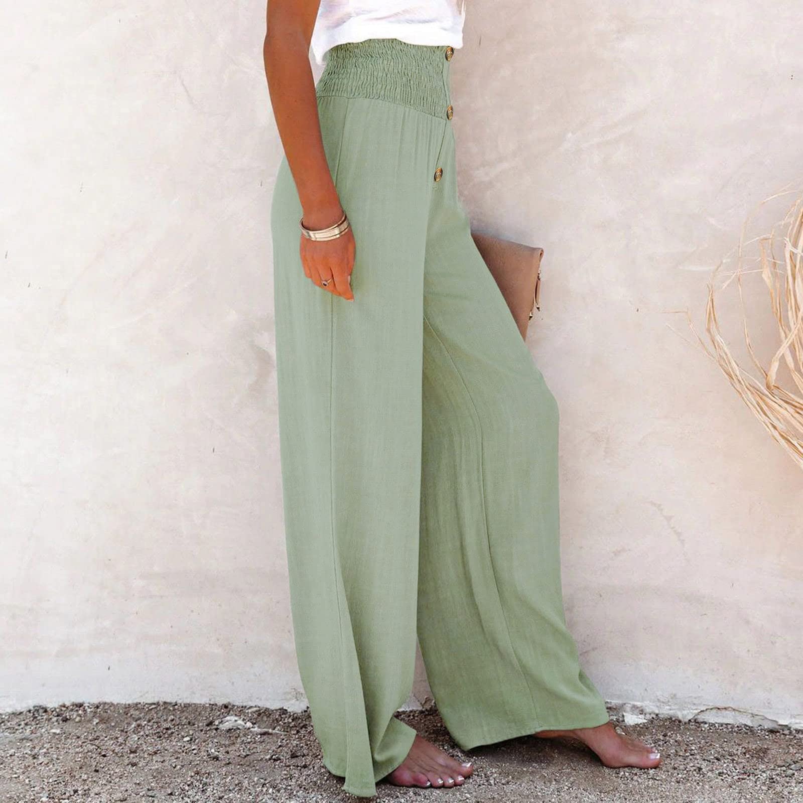 Women's Cotton Linen Pants Smocked High Rise Loose Comfy Wide Leg Trousers Elastic Waist Button Fly Solid Harem Pants(A4 Green X-Large