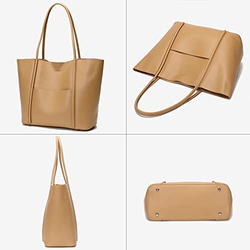 Women Tote Handbag Leather Top Handle Purse Large Capacity Shoulder Bag Hobo Satchel Bag for Ladies, Khaki