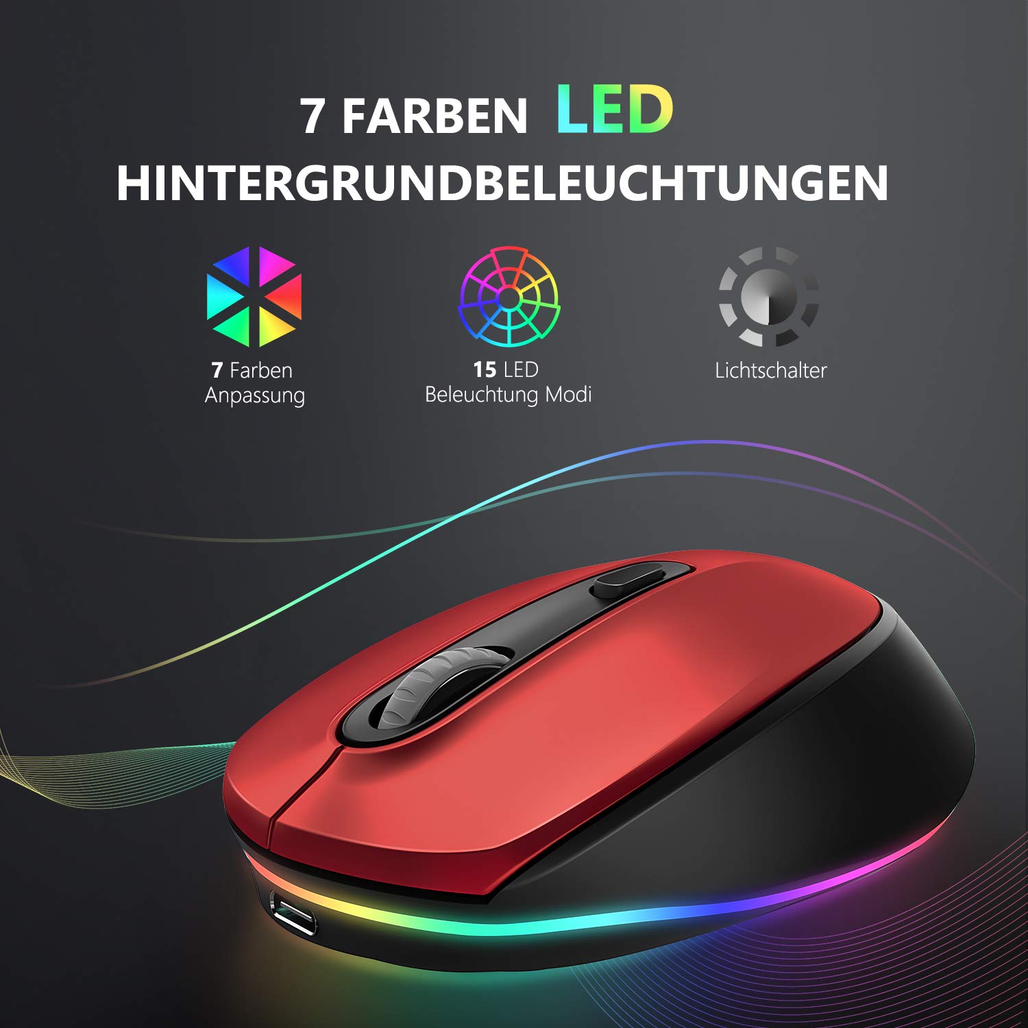 seenda Bluetooth Mouse - Ultra-Quiet, Rechargeable, Light-Up Wireless Mouse (Bluetooth 3.0/5.0+USB) for Computer, Laptop, Notebook, Kids' Chromebook, Mac, and Windows - Black and Red