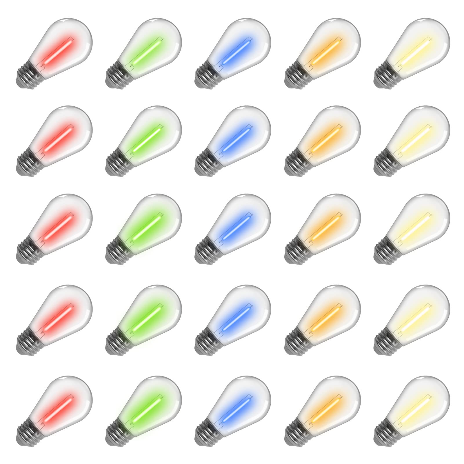 Tayire S14 Colored LED String Light Bulbs, 1W Plastic Shatterproof Waterproof Outdoor LED Replacement Bulbs,E26 Base,CRI80,Red/Green/Blue/Warm/Yellow, 25 Pack