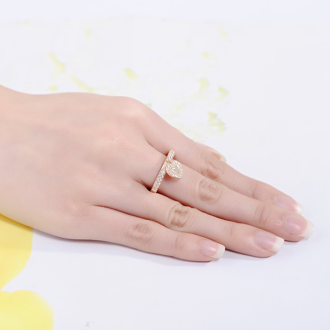 Santuzza 925 Sterling Silver Dangle Heart Ring White Cubic Zirconia Jewelry for Women (6, Rose Gold Plated)