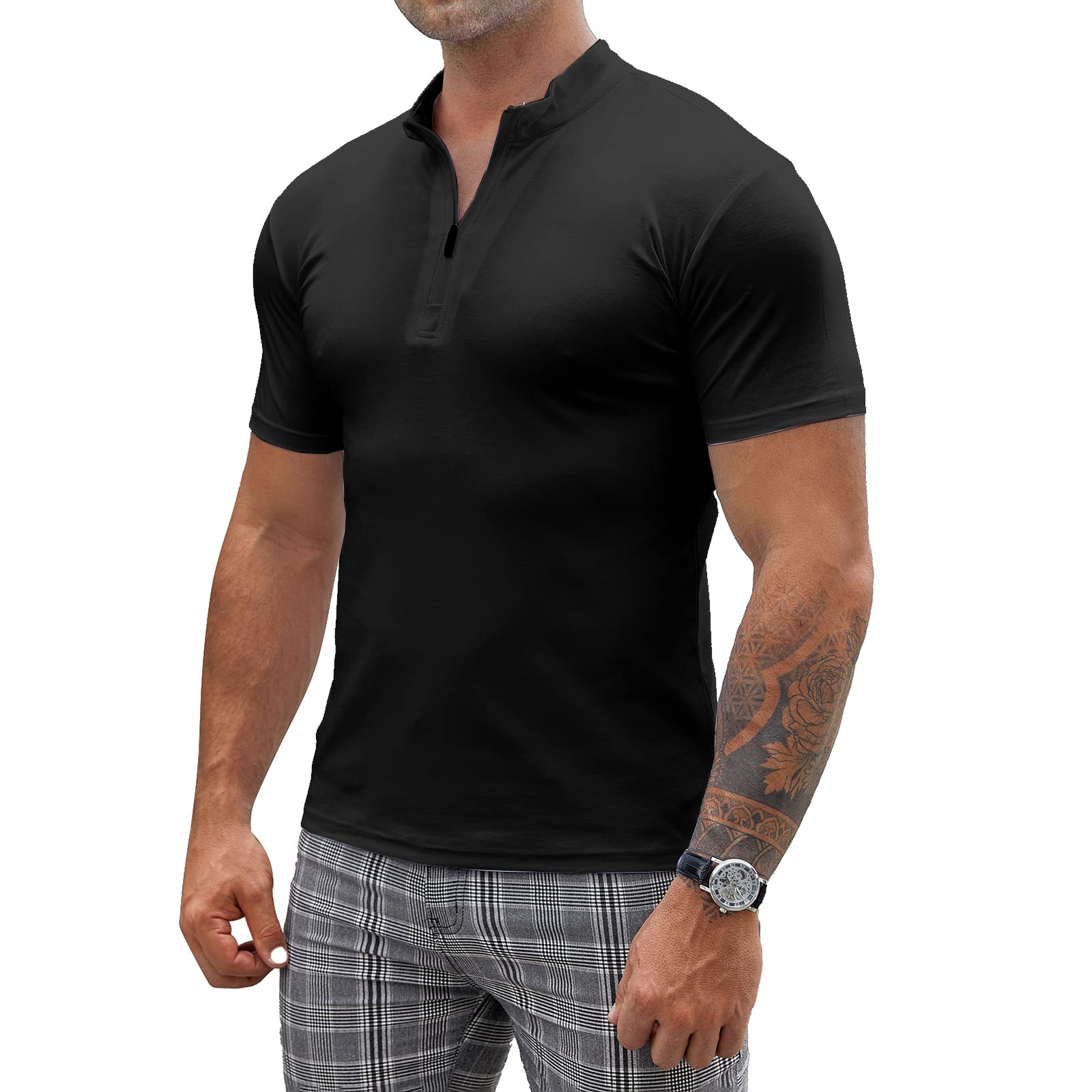 ZARWING Men's Polo Shirts Short Sleeve Slim Fit Mock Neck Casual Zip T-Shirts(Black06,Large)