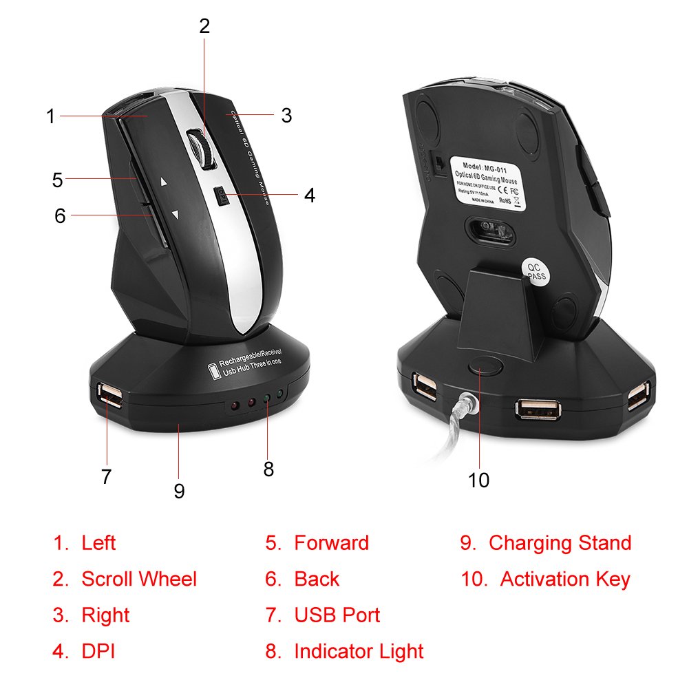 Serounder Wireless Mouse, 2.4GHz Rechargeable Optical Gaming Ergonomic Mice w/Charging Dock Stand 3-Port USB Hub for Laptop, PC, Windows(Black)