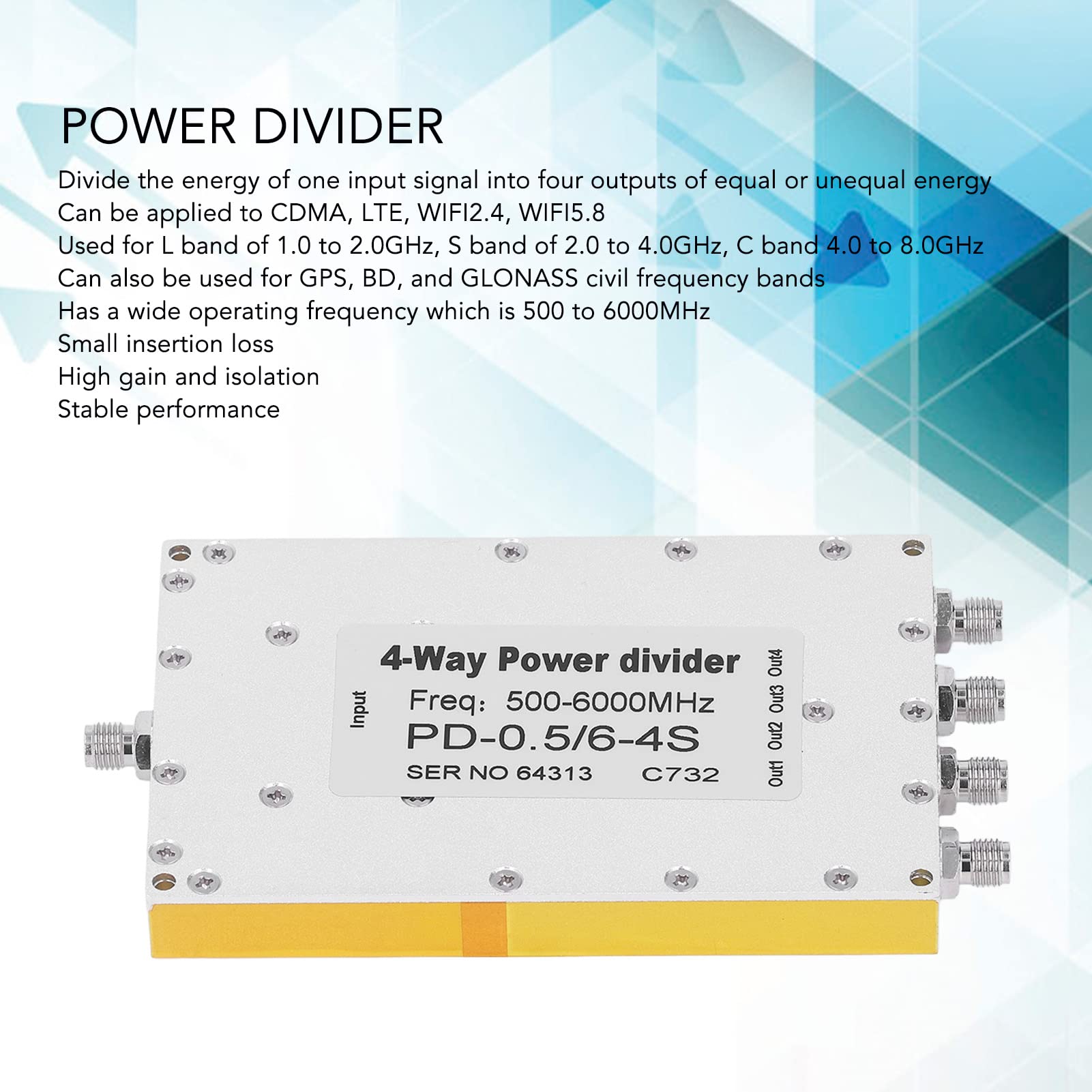 Power Splitter, Good Stability 4-Way SMA Microstrip Power Splitter Low Insertion Loss Wide Operating Frequency WIFI5.8 for Multiple Use WIFI2.4 High Gain