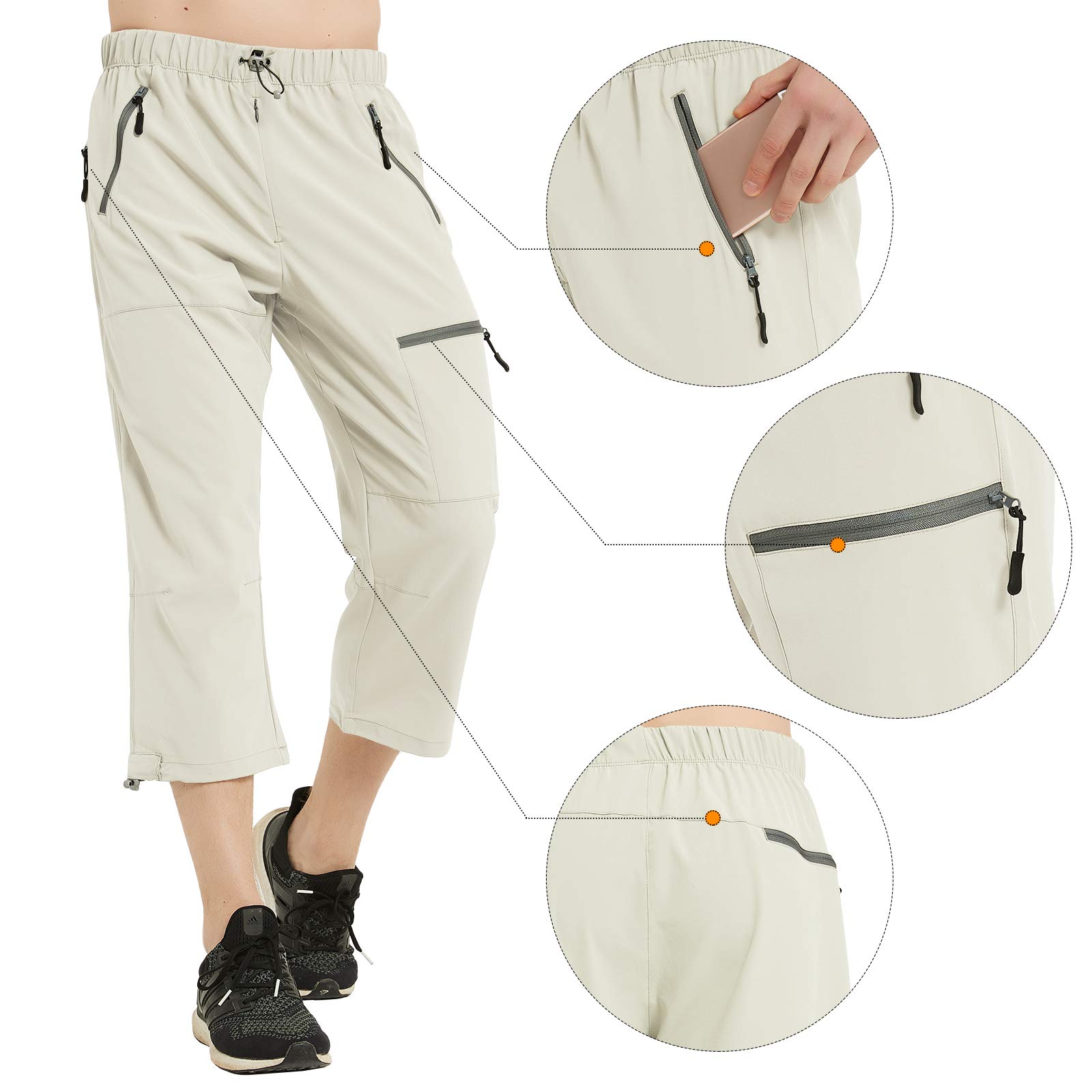 PRIESSEI Men's Pants Outdoor Elastic-Waist Lightweight Cargo Pants Quick Dry White 2XL