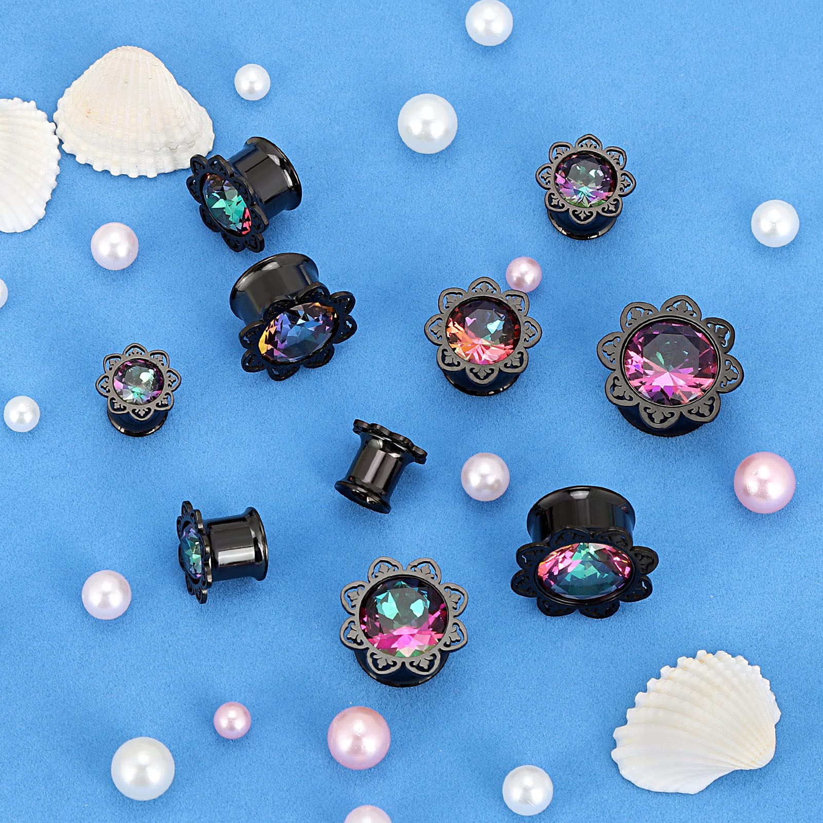 Qmcandy 2pcs 0g-1" Stainless Steel Lotus Edge Crystal Ear Gauges Piercing 0g