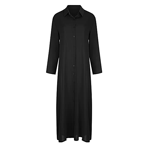 Women Shirt Dress Solid Color Button Down Pockets Maxi Dress Long Sleeve Turndown Neck Loose Shift Dress