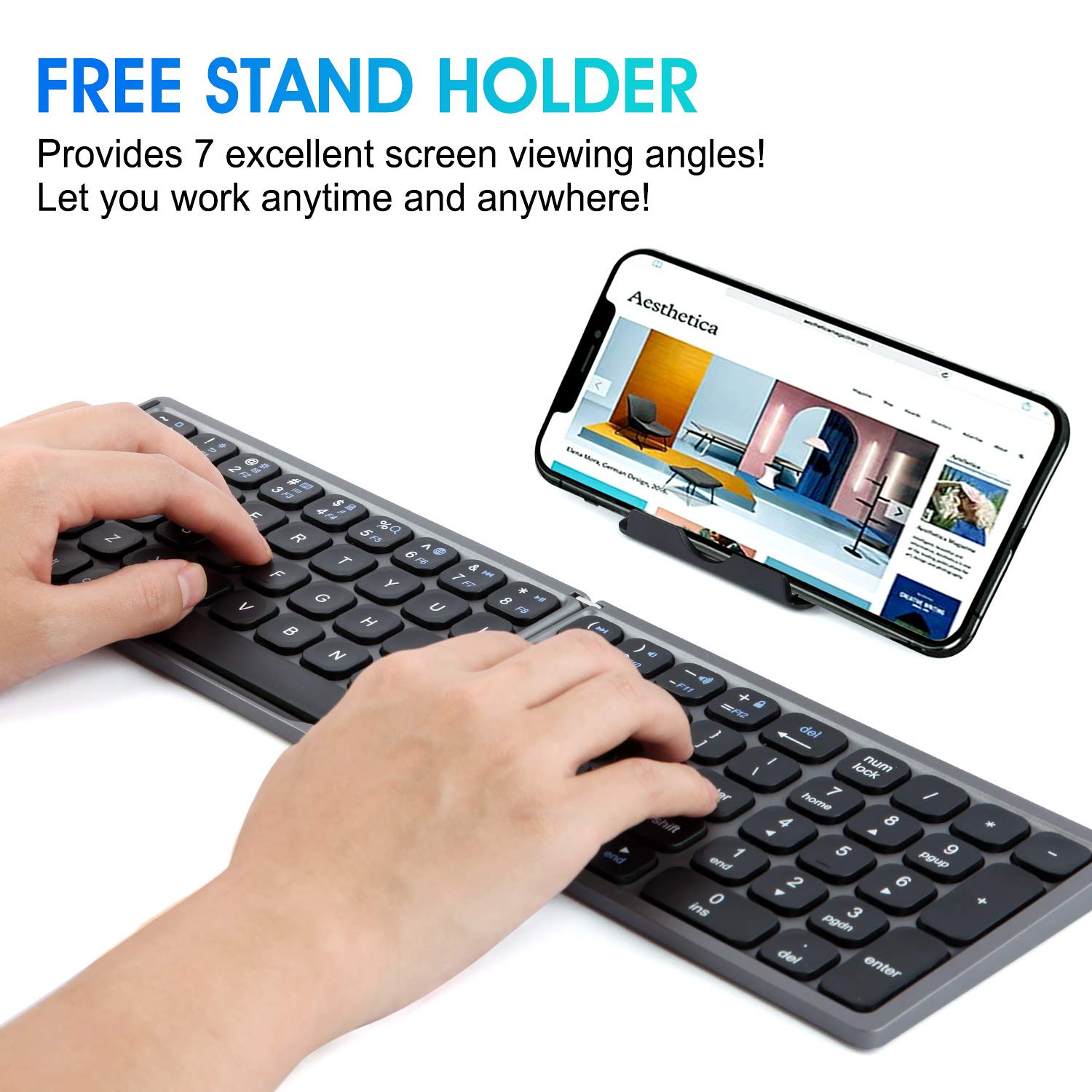 Samsers Foldable Bluetooth Keyboard with Numeric Keypad Full Size Portable Wireless Keyboard with Holder, Rechargeable Pocket Folding Keyboard for iOS Windows Android Phone Tablet Laptop - Dark Grey